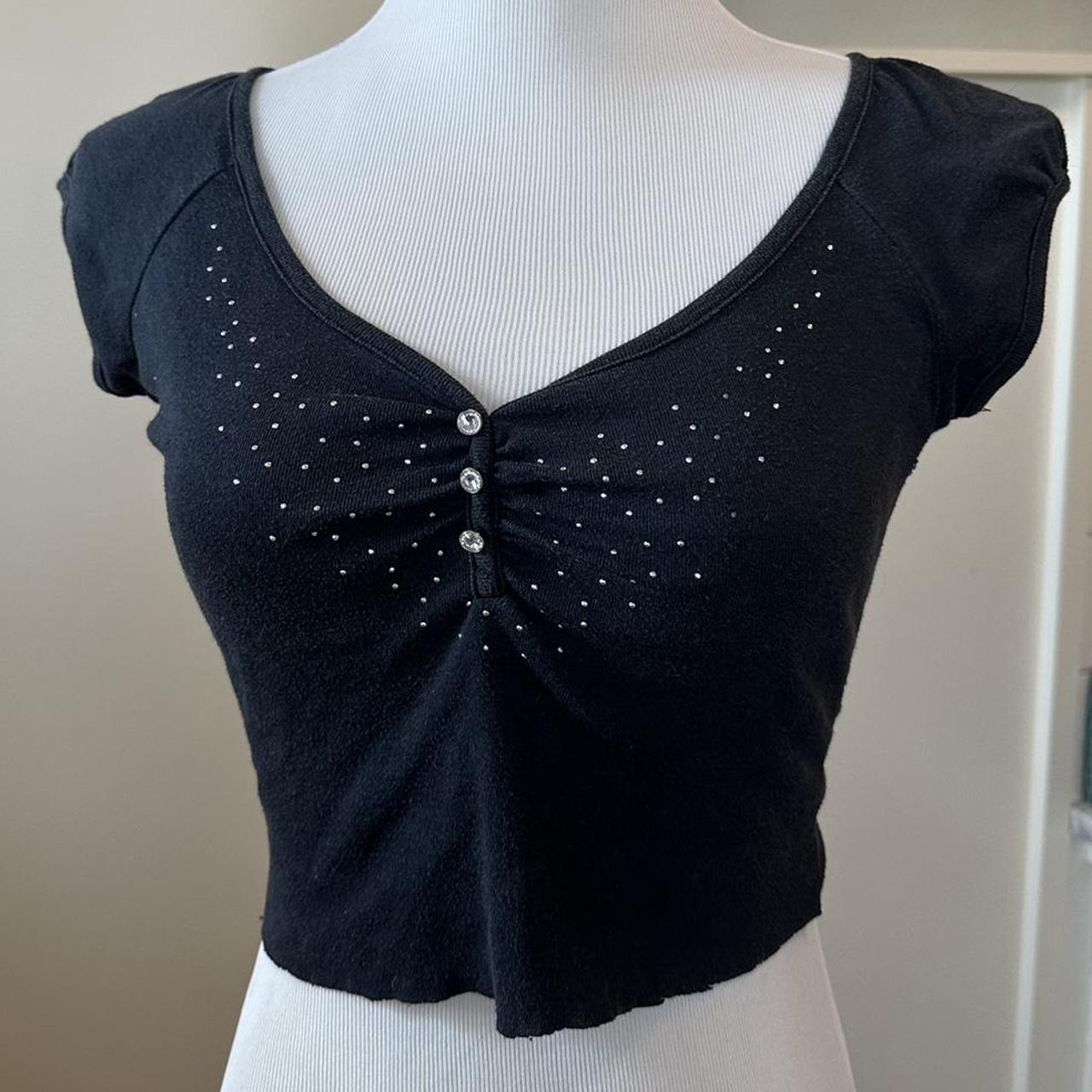 Bedazzled y2k crop top! Black with diamond buttons... - Depop