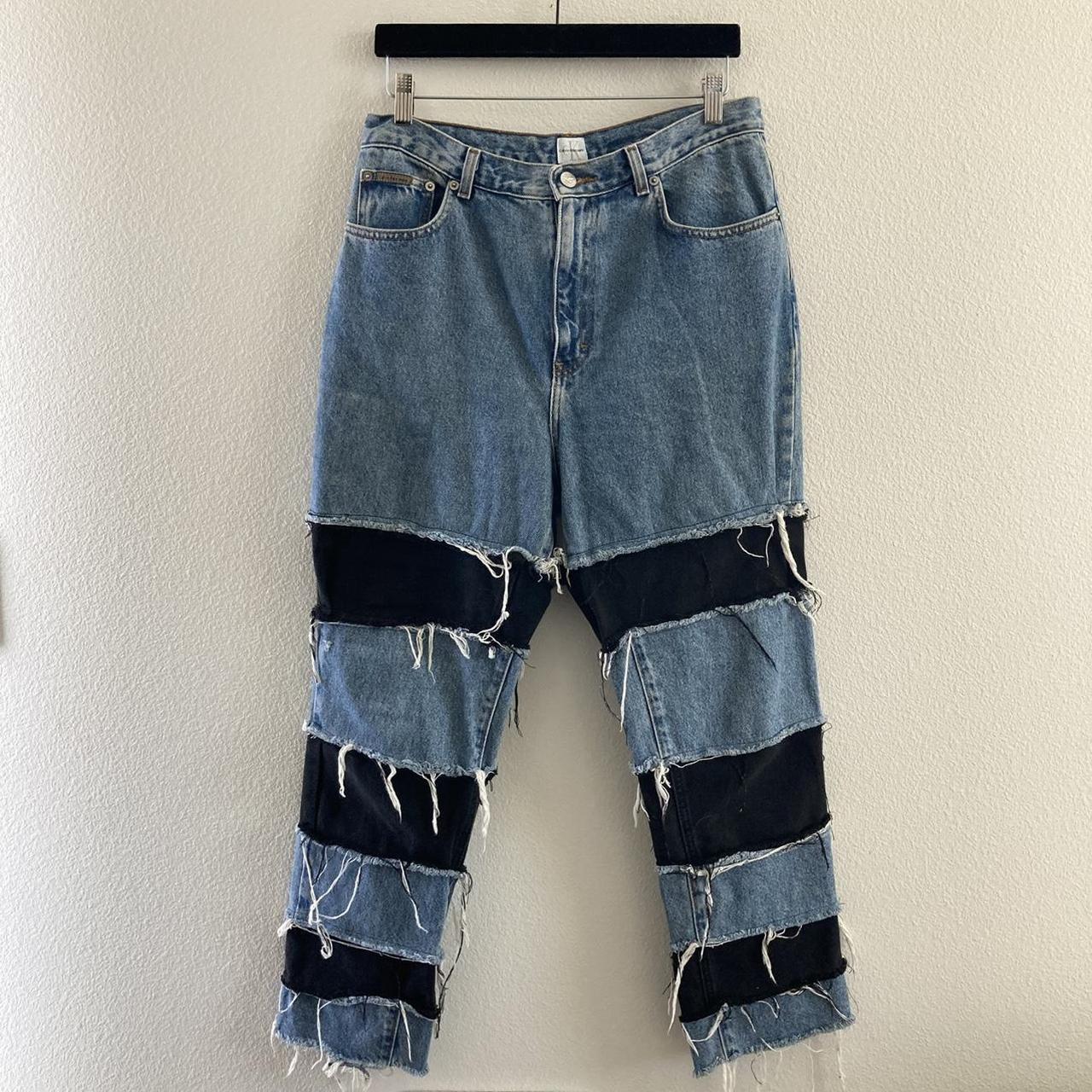 00s Calvin Klein Patchwork Jeans High rise raw hem... - Depop