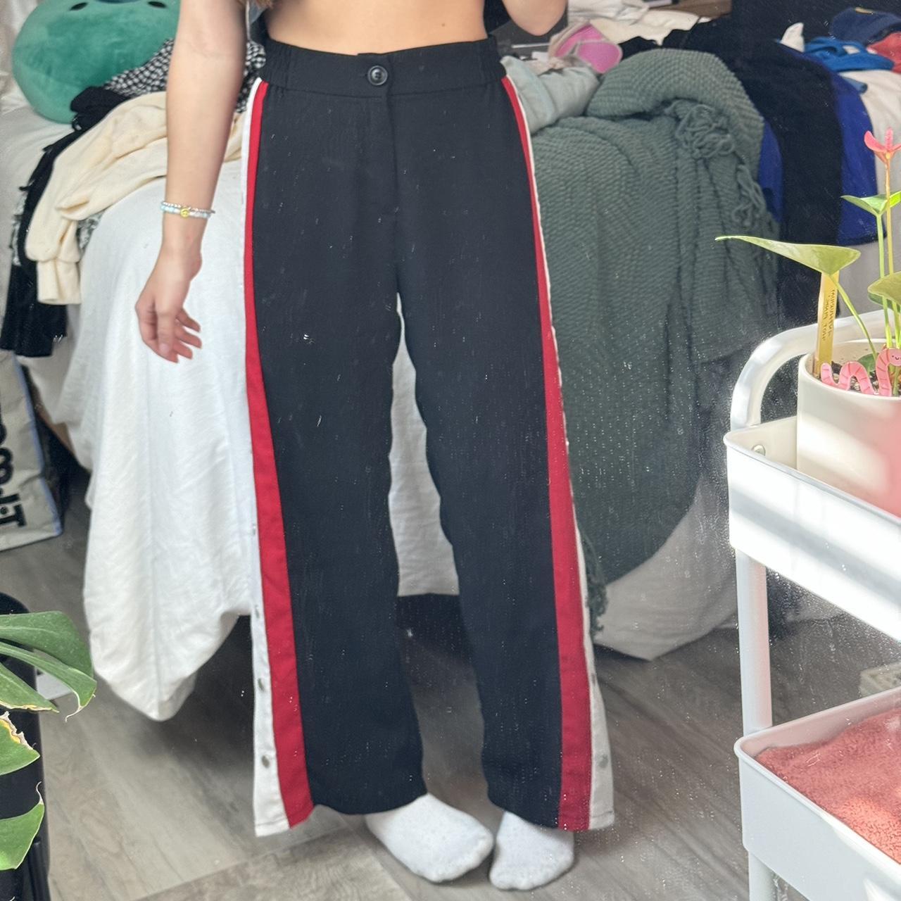 tear away button up side pants red black white... - Depop