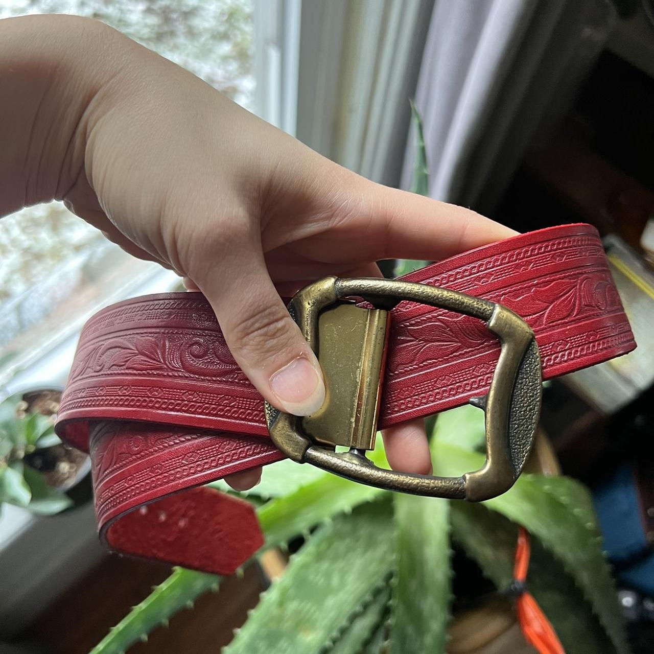 Vintage 80s red leather slide buckle belt ! So... - Depop