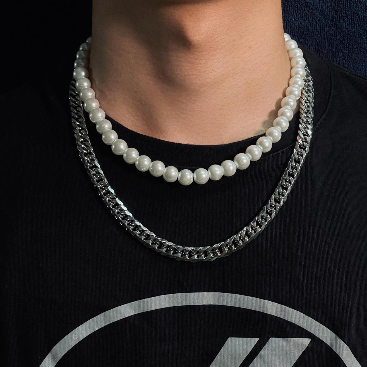 ⭐Silver Cuban & Pearl Double Necklace Condition :... - Depop