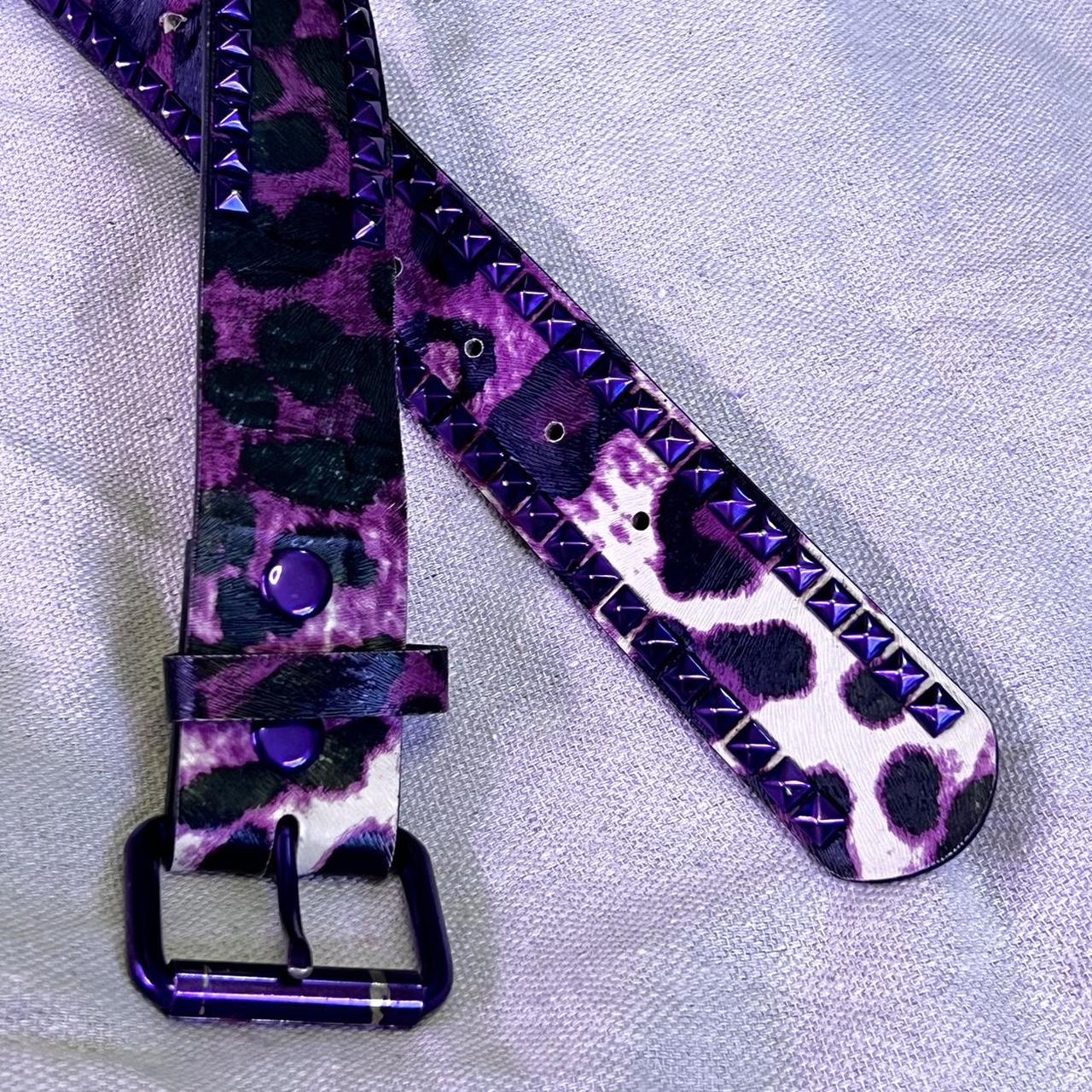 Purple leopard print early 2000s emo studded belt... - Depop