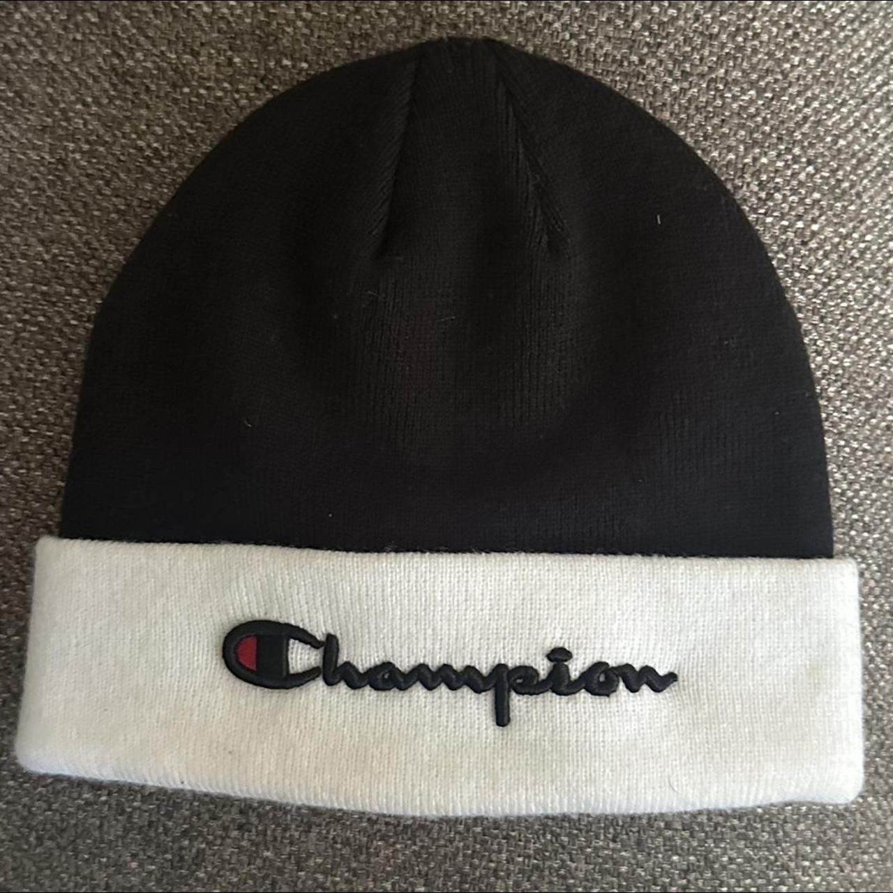 Champion beanie with embroidered logo Black and... - Depop