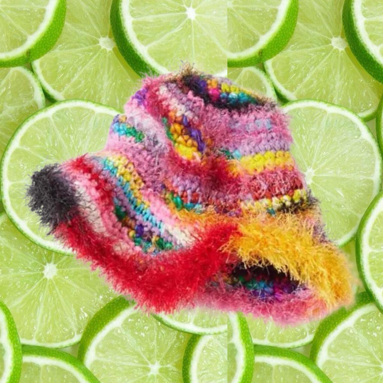 Fuzzy Colorful Knit Bucket Hat - Depop