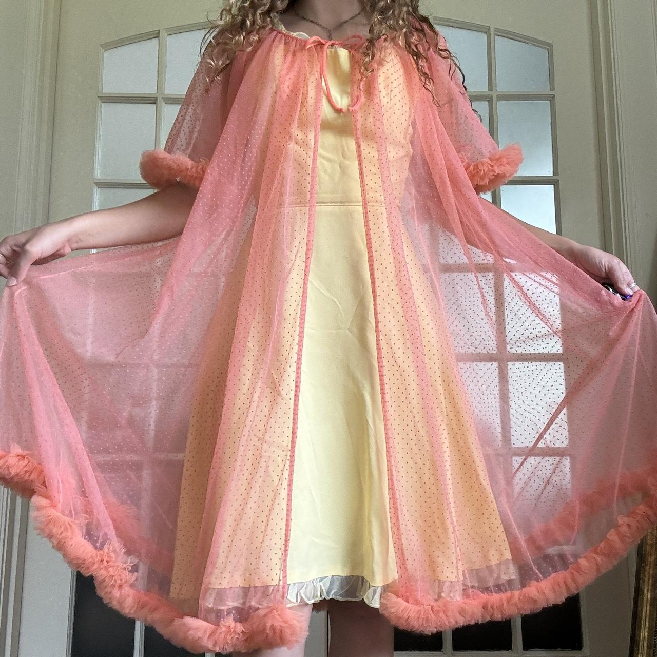 50s 60s vintage frilly polka dot sheer robe... - Depop