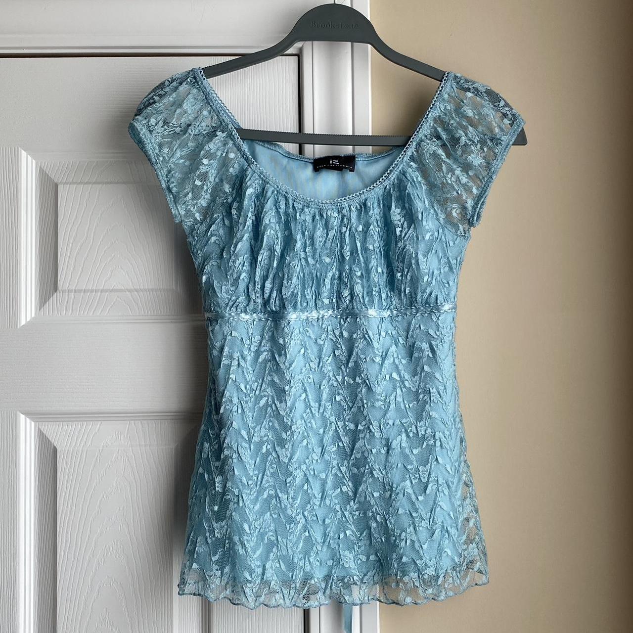 blue vintage lace top with ribbon detail size... - Depop