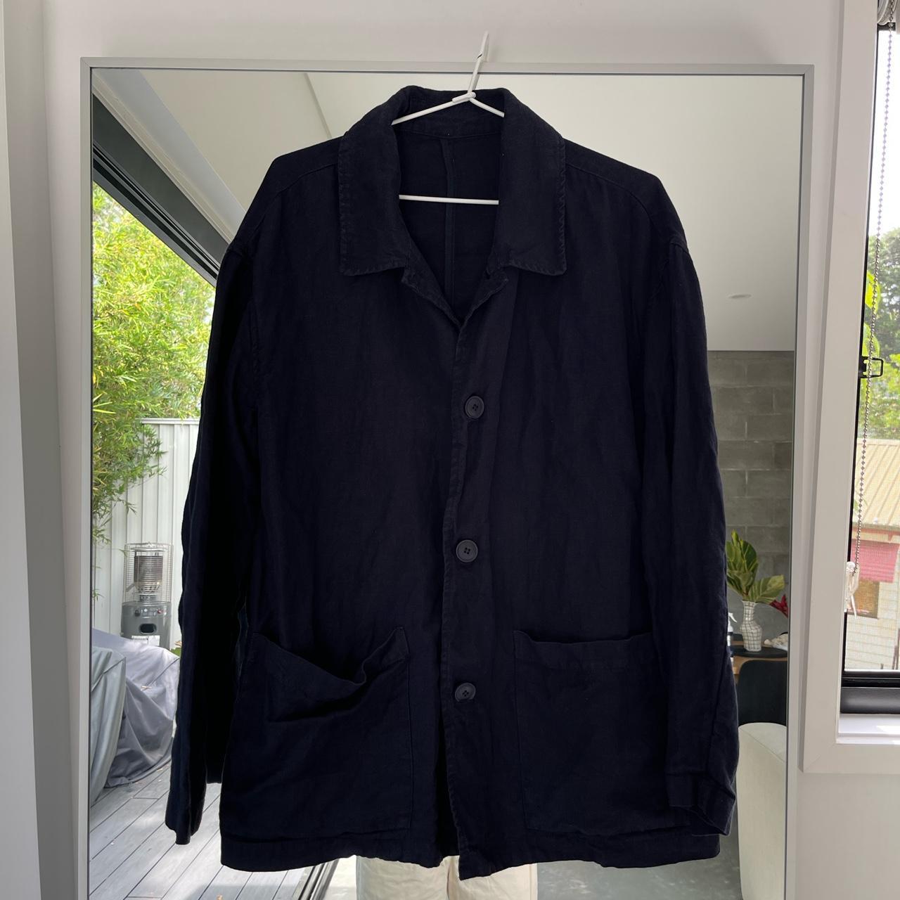 Navy blue linen jacket by American Vintage - Depop
