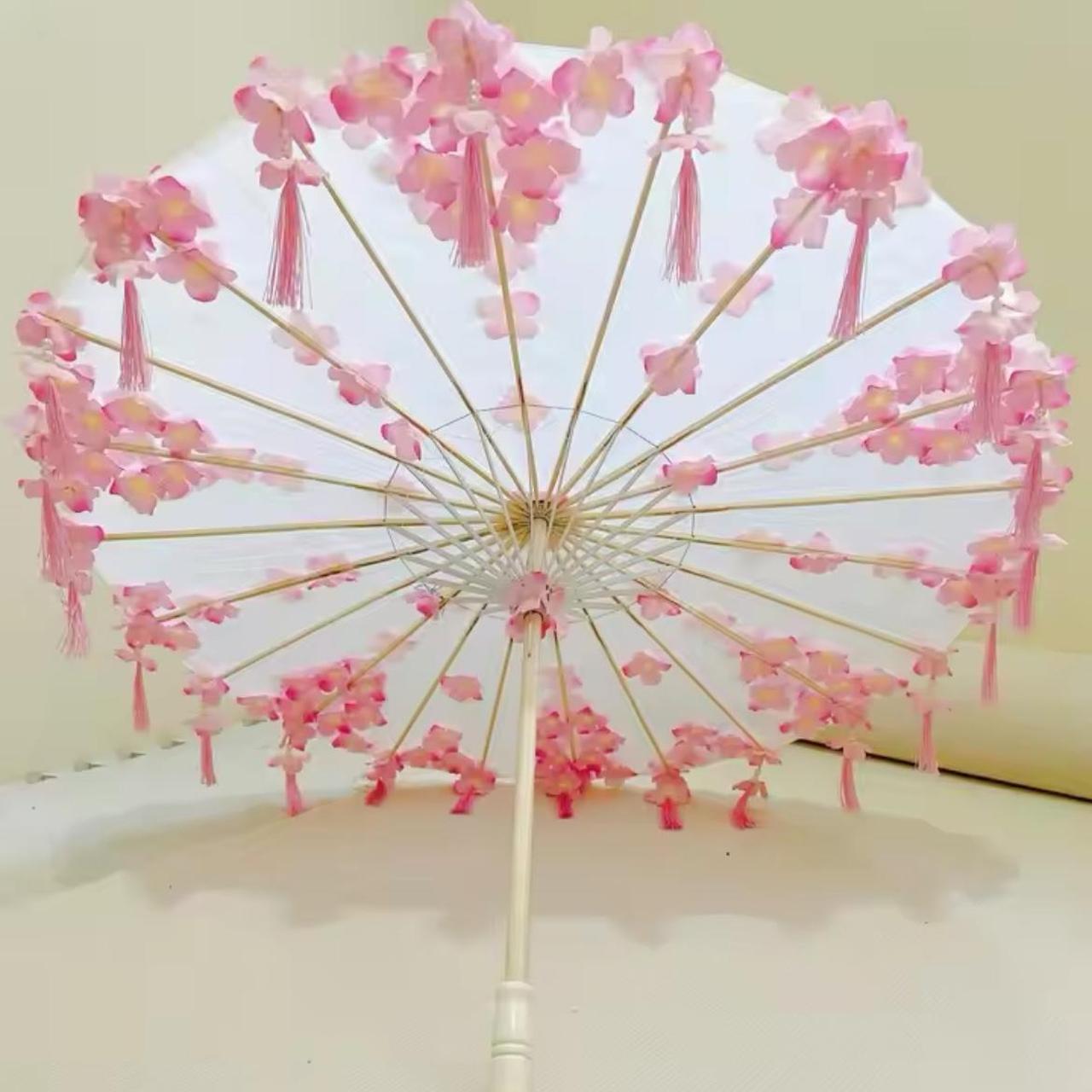 Vintage Pink Floral Parasol with Tassels Brighten... - Depop