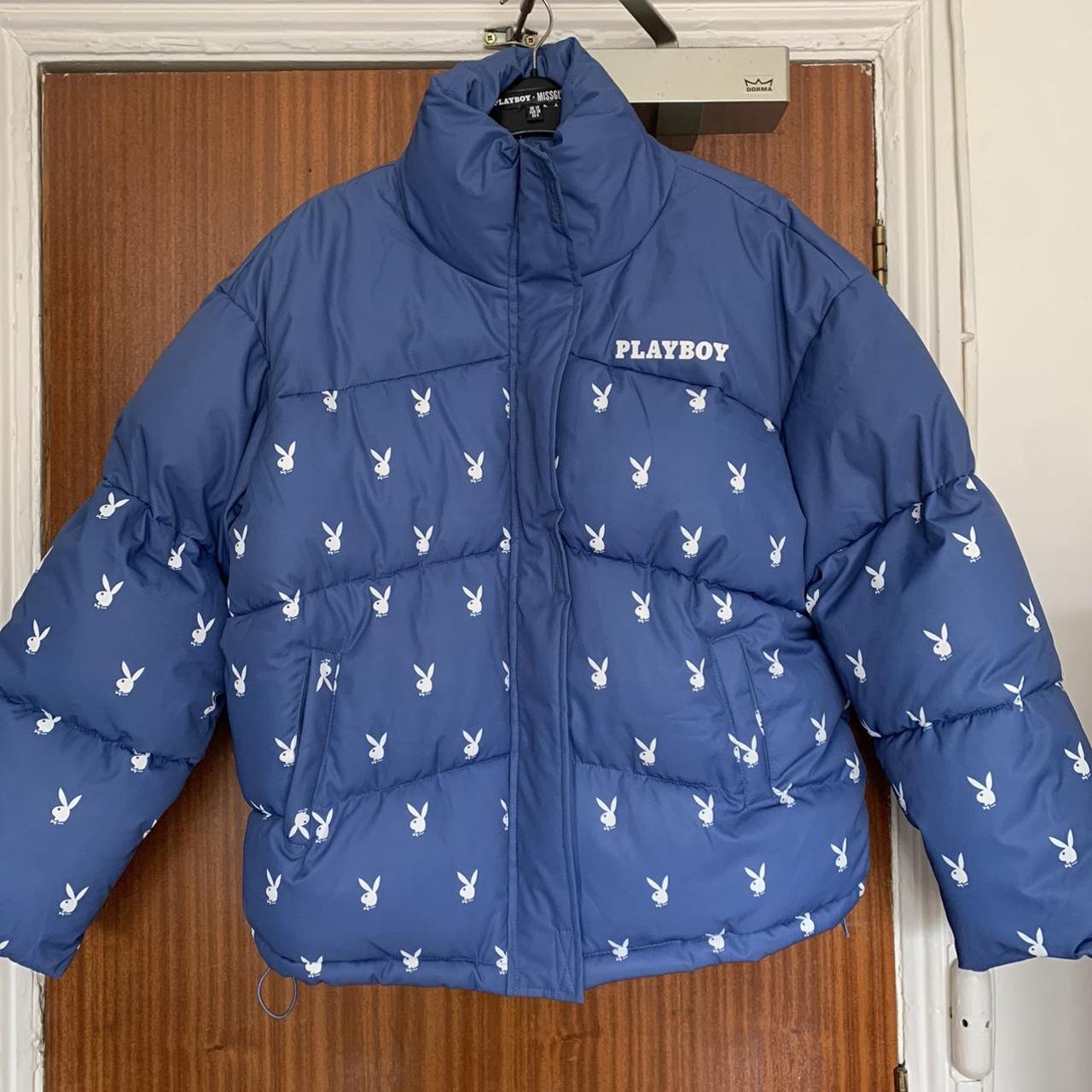 Blue playboy jacket, with pockets but no hood. Worn... - Depop