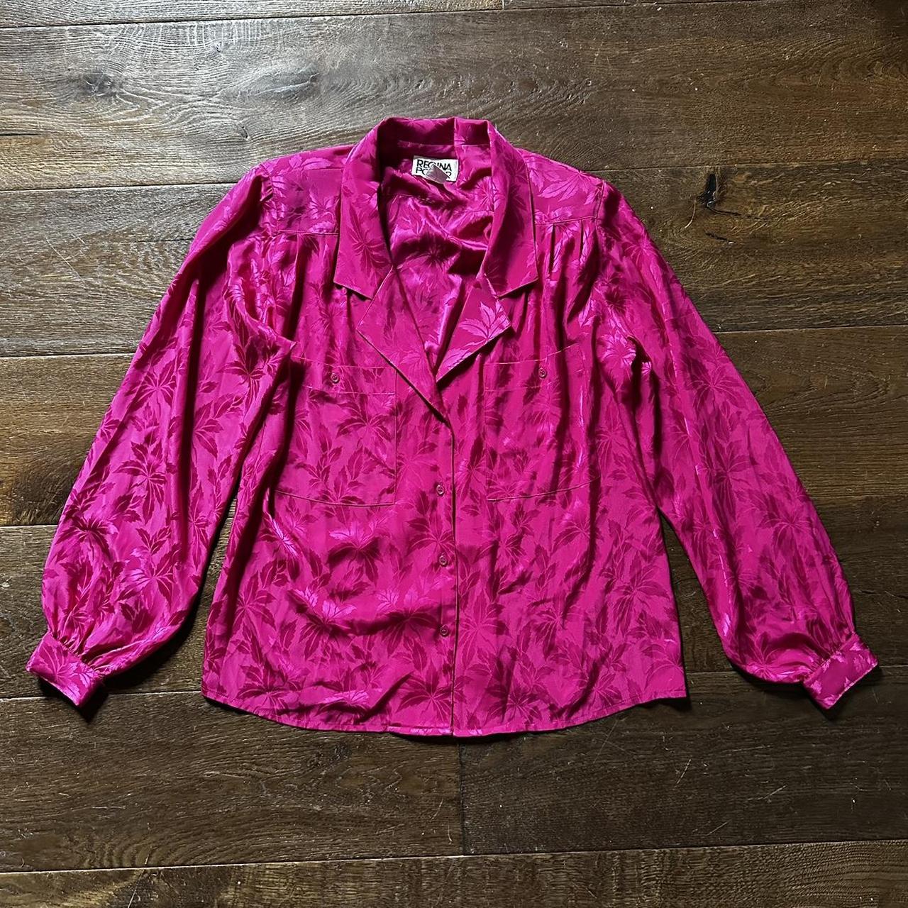 80s pink silk button up blouse Faux silk with a... - Depop