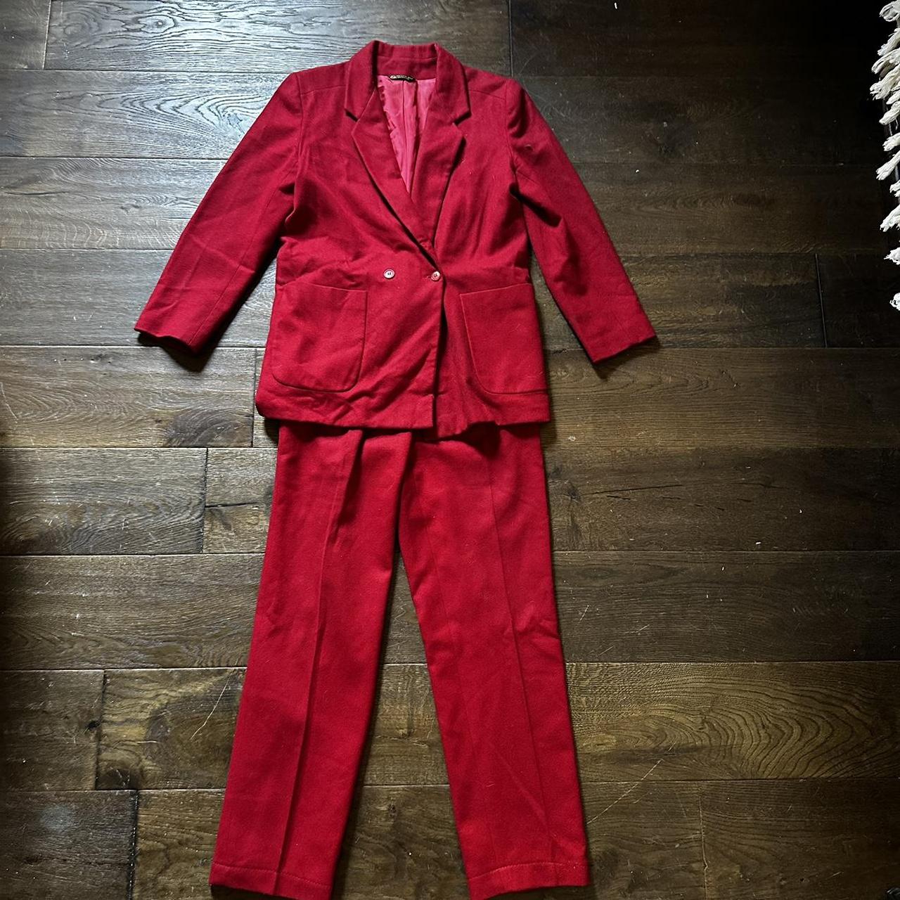 80s red wool suit set Vintage two piece wool suit... - Depop