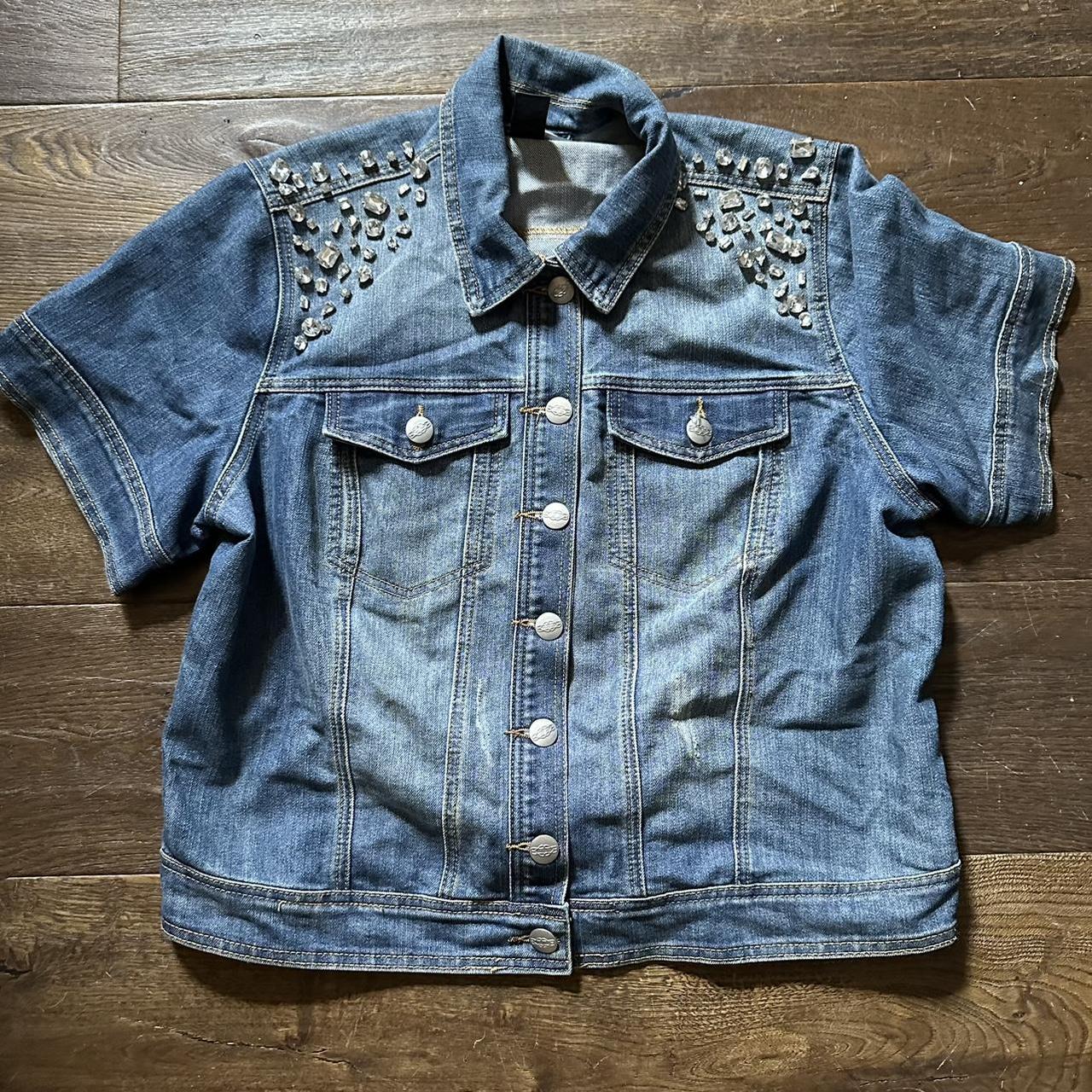 2000s denim bedazzled jacket Y2K blue denim jacket... - Depop