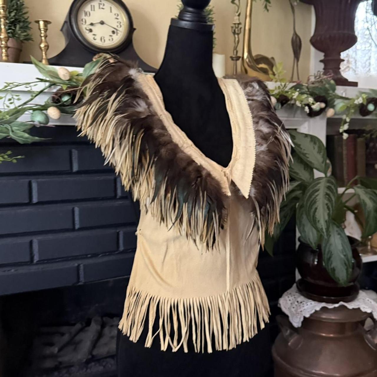 70s/80s tan leather and feather halter top Vintage... | Depop