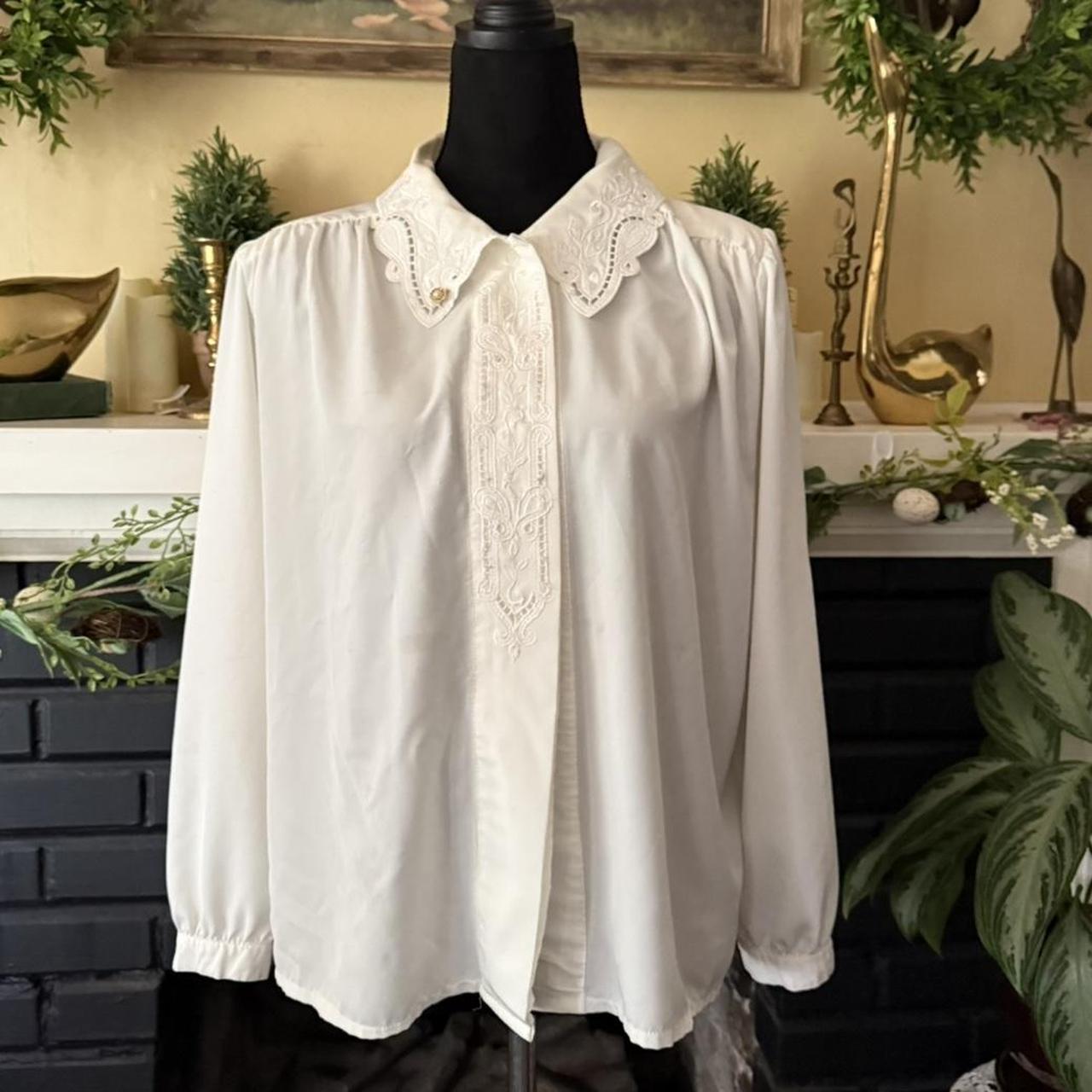 80s cottage blouse Vintage white faux silk blouse,... | Depop