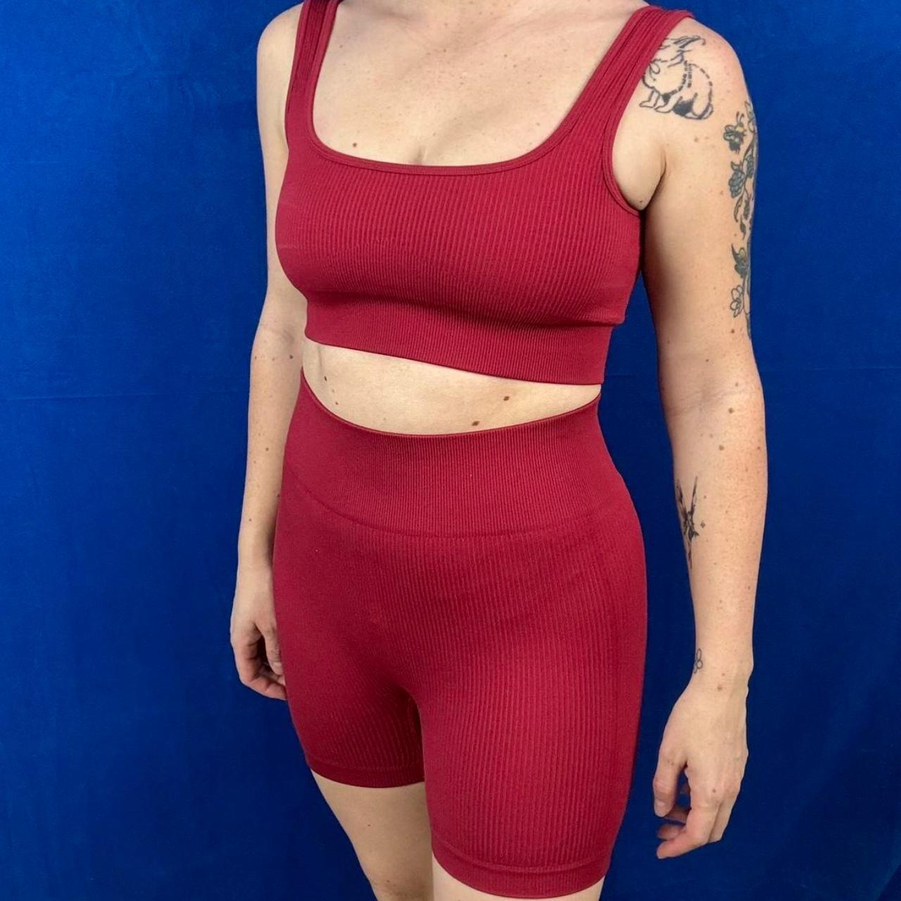 Ribbed red workout set bra and shorts. Brand new and... - Depop