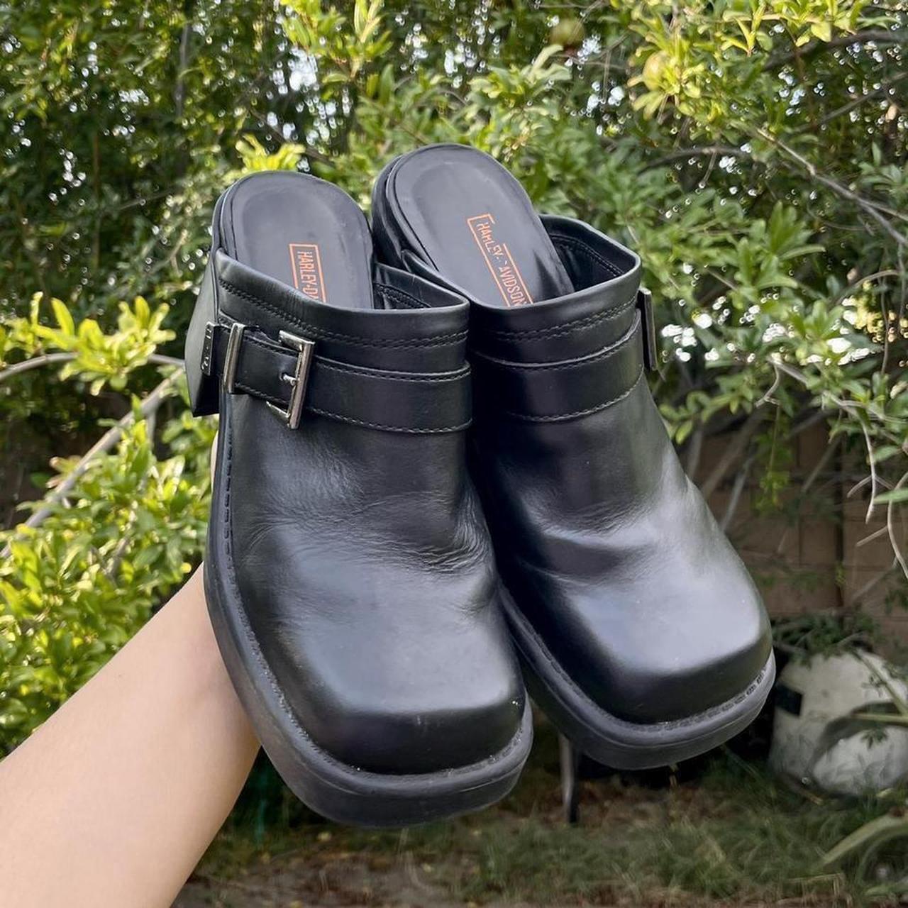 90s chunky heel platform clogs by harley davidson... - Depop