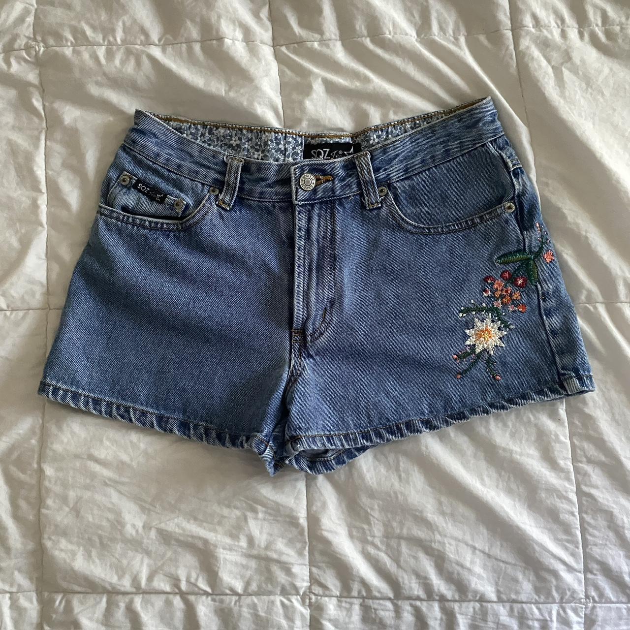 floral embroidered denim jean shorts flower... - Depop