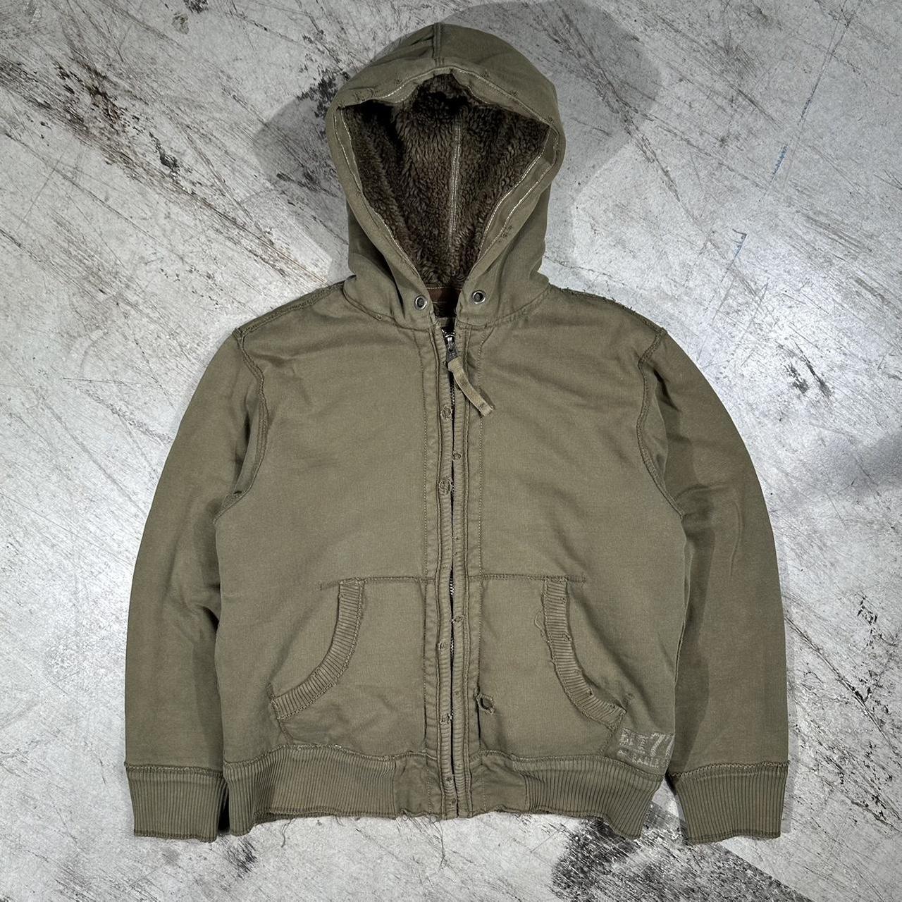 Cyber Y2K heavyweight distressed Sherpa lined zip up... - Depop