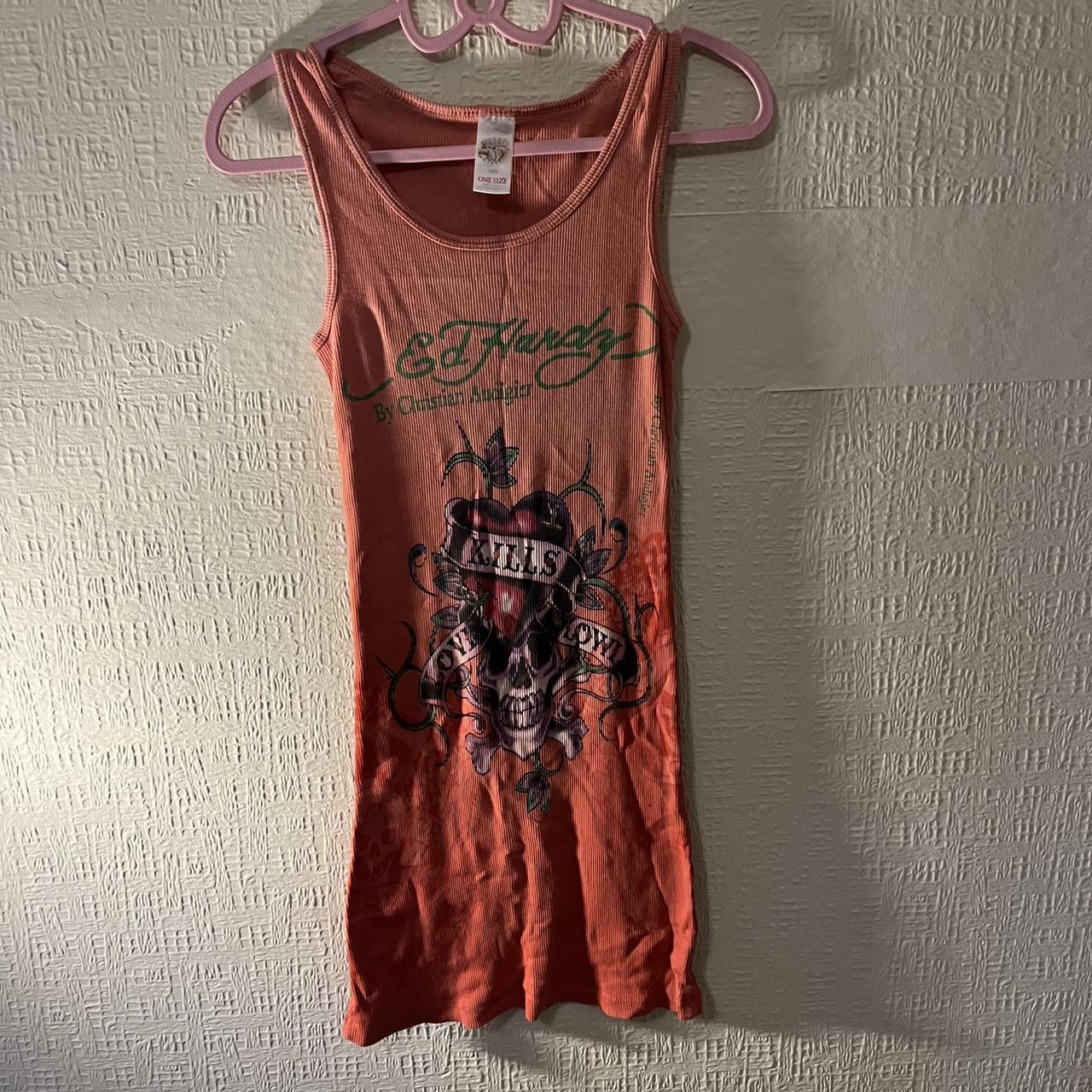Ed Hardy pink gradient into peach orange tank top... | Depop