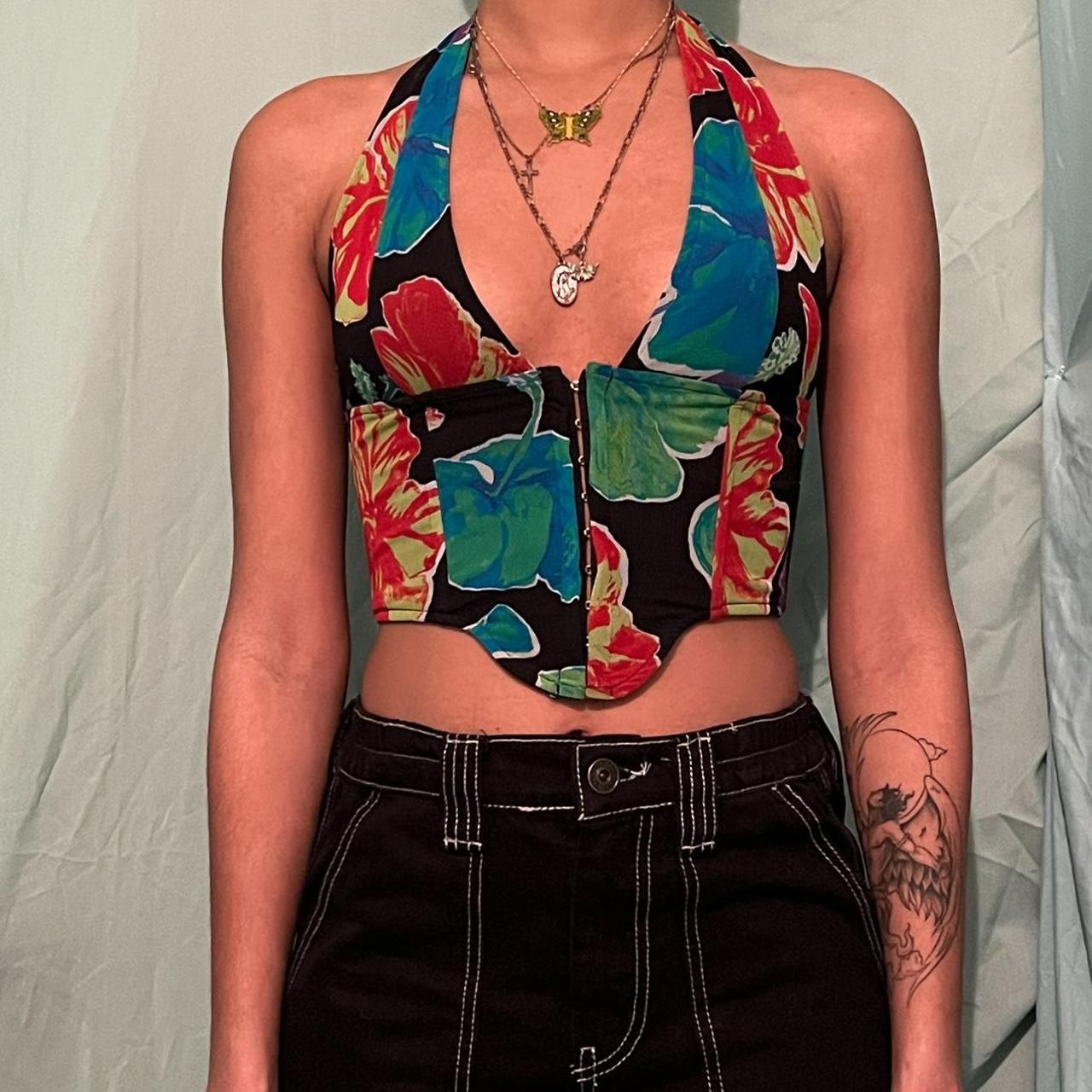 Floral print halter corset crop top Stretchy Has... - Depop
