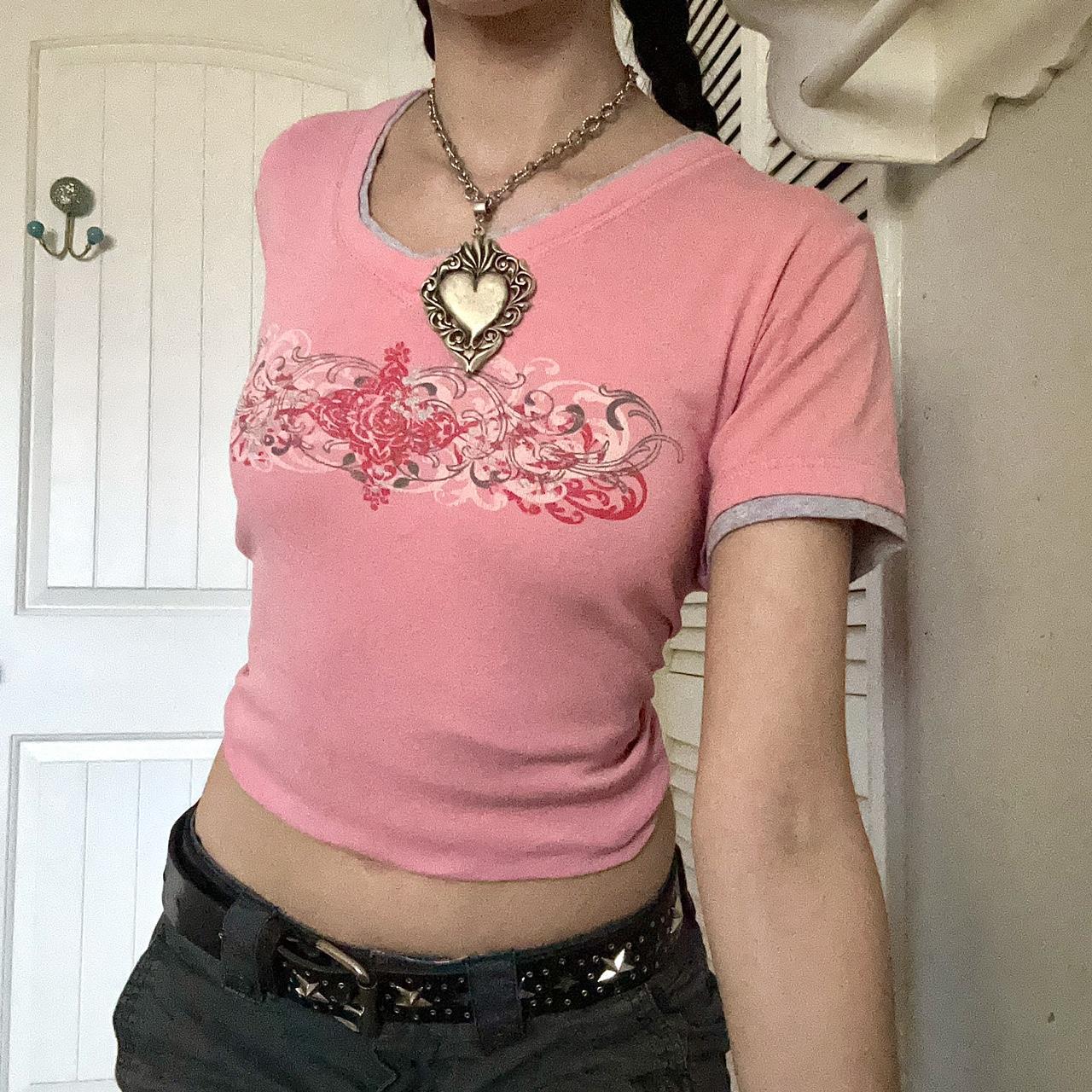 y2k pink + gray cyber design graphic baby tee !... - Depop