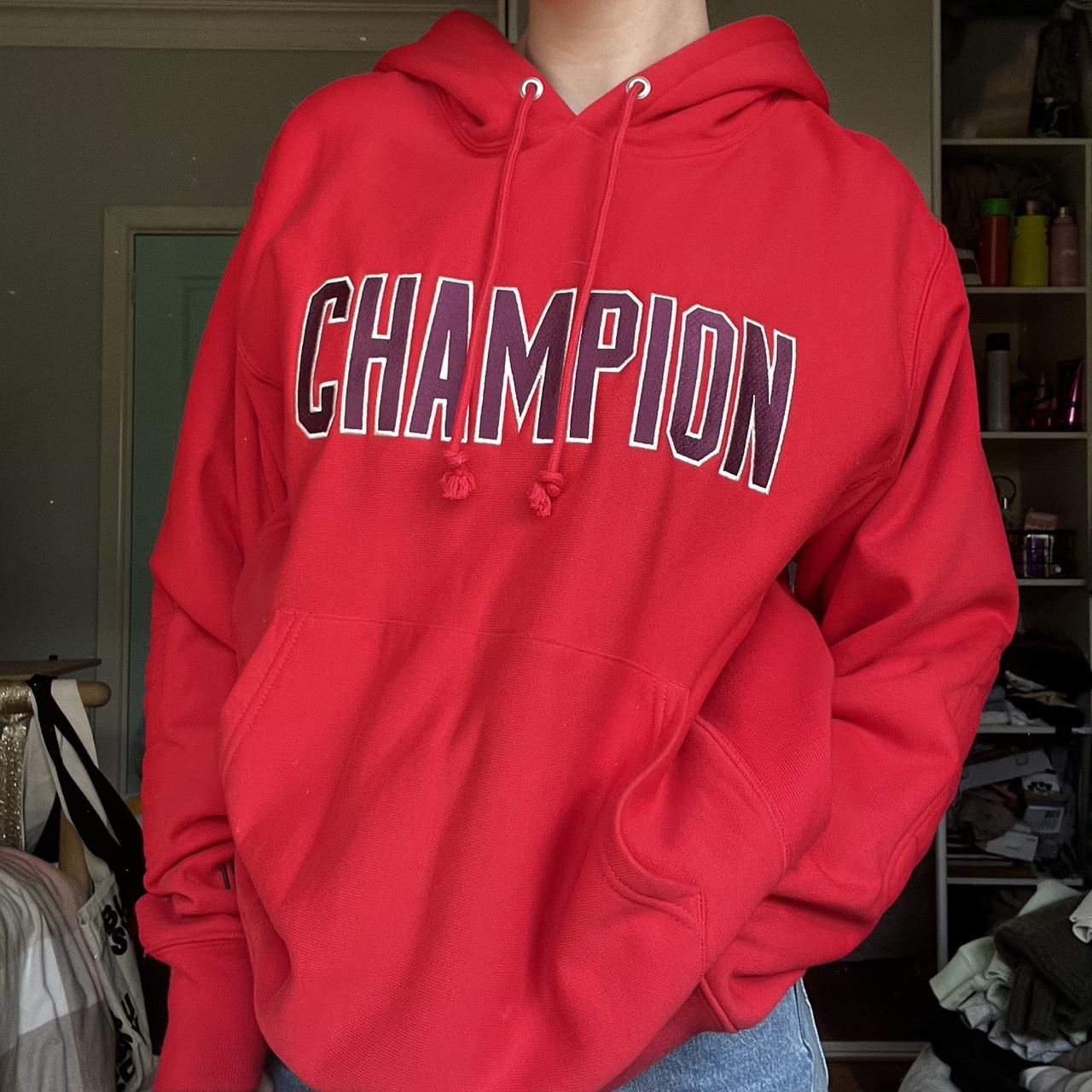 Red champion hoodie Super cool looser fit hoodie... - Depop