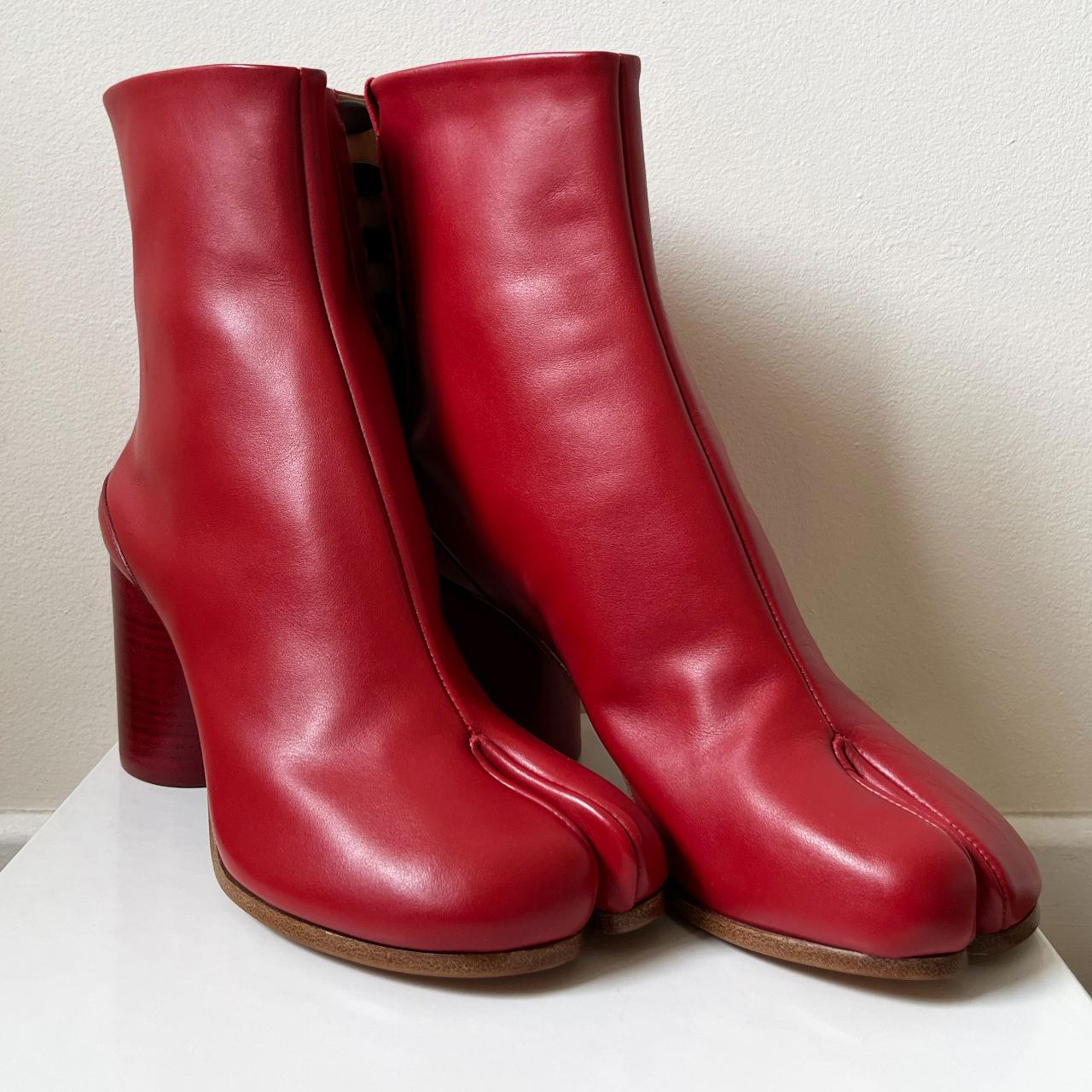 Maison Margiela red tabi boots. Crafted from soft... - Depop