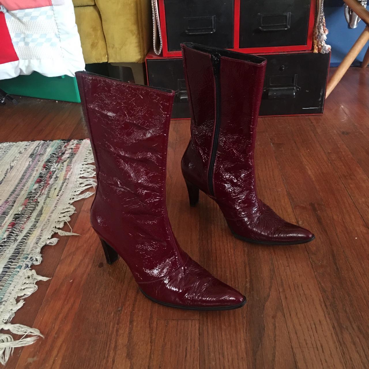 1990s Burgundy red patten leather pointy boots w/... - Depop