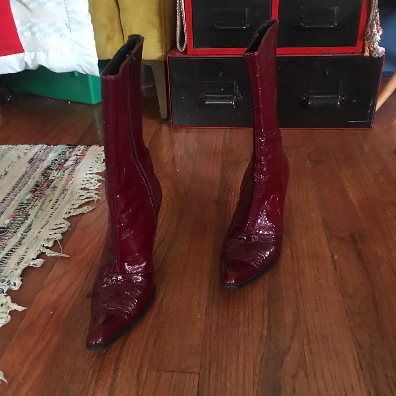 1990s Burgundy red patten leather pointy boots w/... - Depop