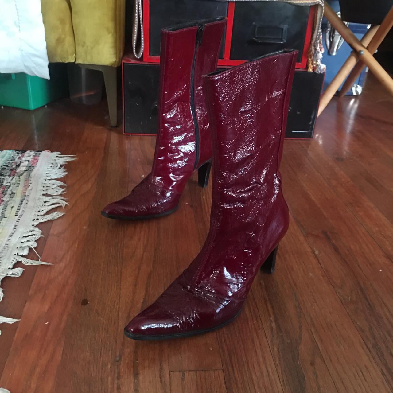 1990s Burgundy red patten leather pointy boots w/... - Depop