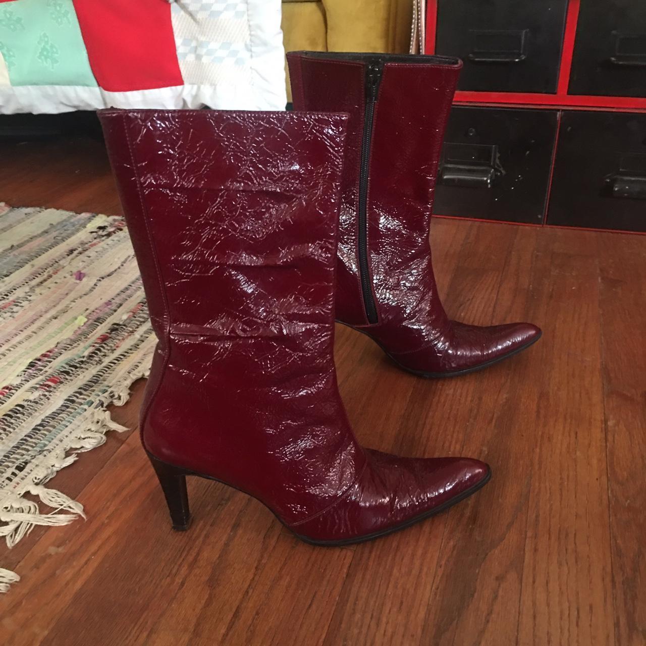 1990s Burgundy red patten leather pointy boots w/... - Depop