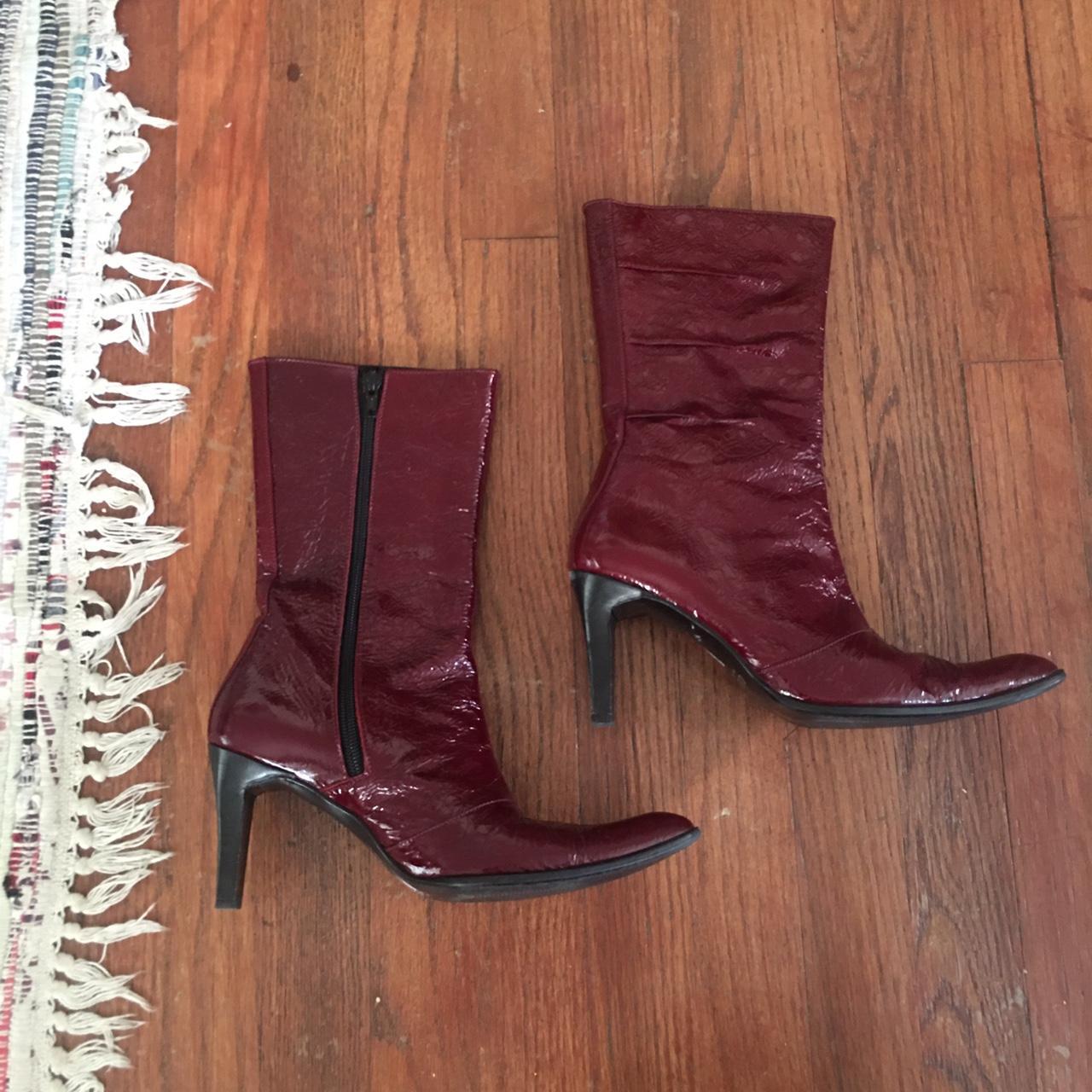 1990s Burgundy red patten leather pointy boots w/... - Depop