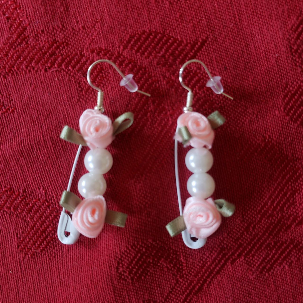 Coquette rosette pearl safety pin earrings Never... - Depop