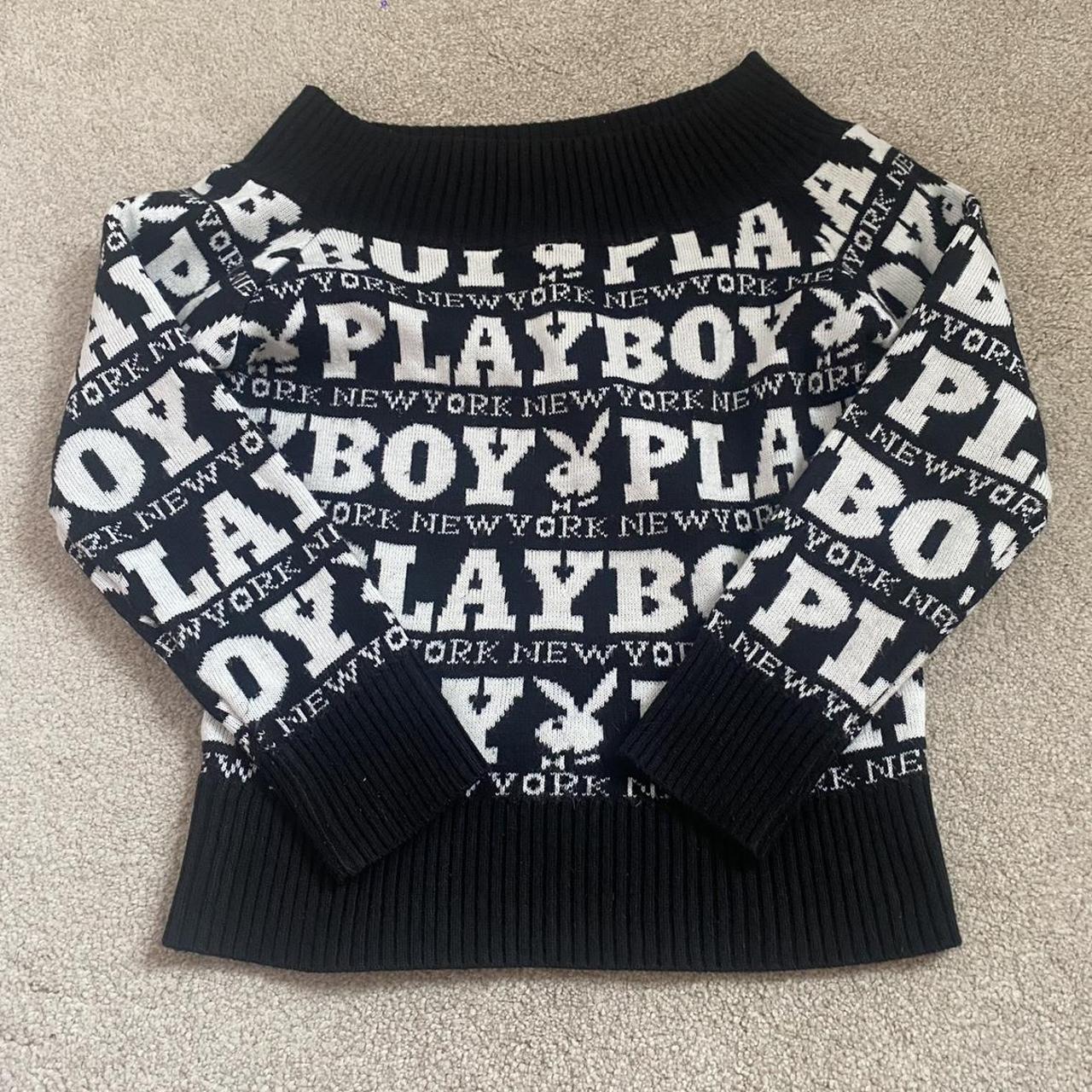 Vintage 90s Playboy Black and White Spell out... - Depop