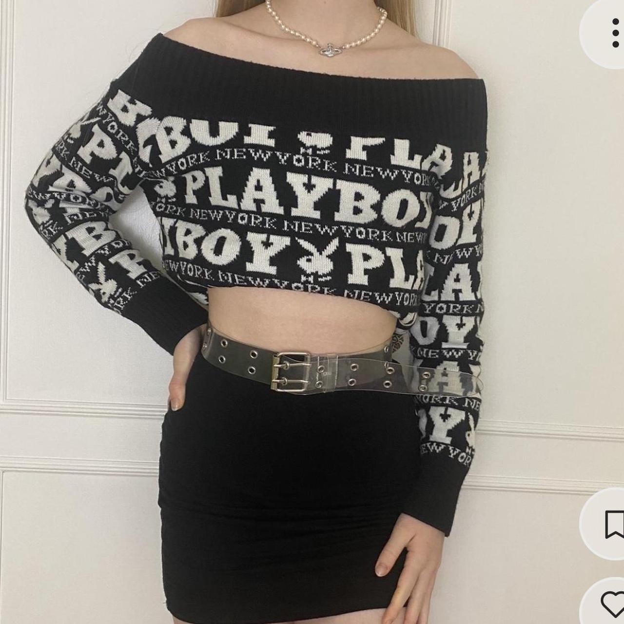 Vintage 90s Playboy Black and White Spell out... - Depop