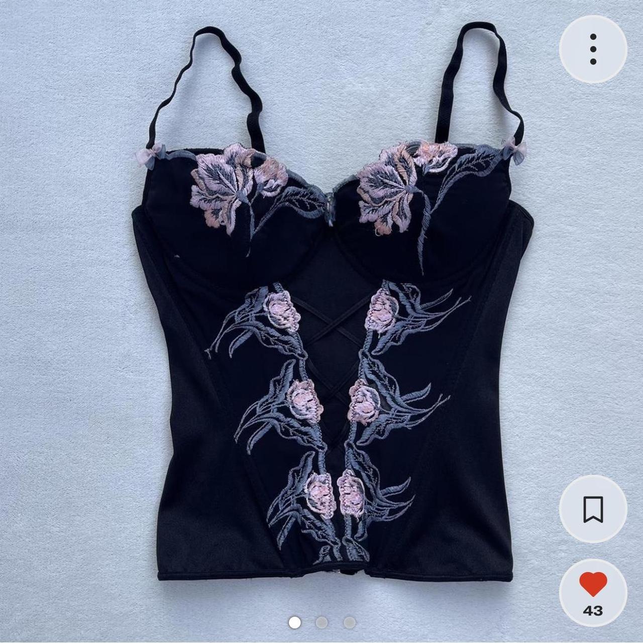 Vintage Corset Top with Pink embroidered rose flower... - Depop