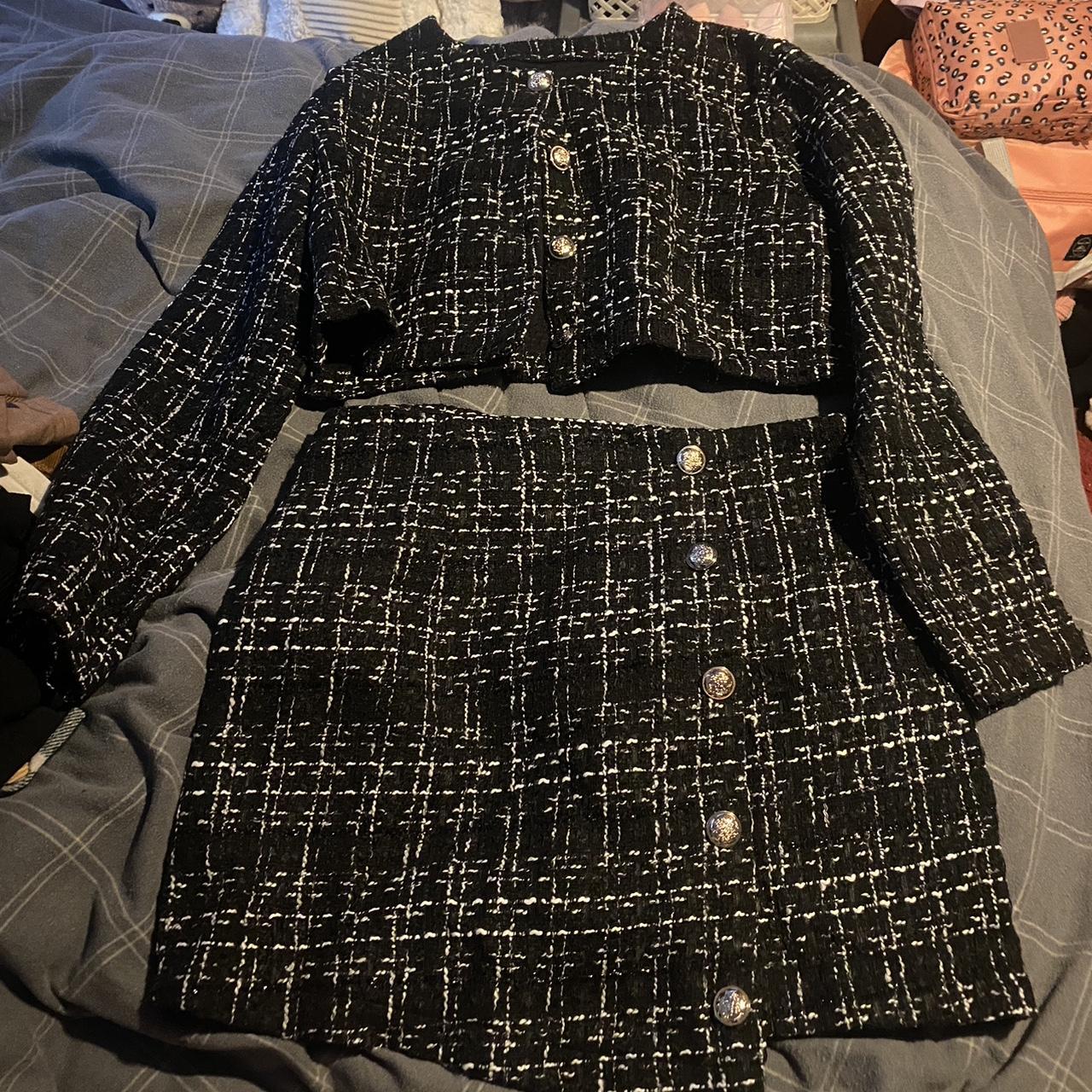 Tweed set Tweed skirt and cropped jacket set. Black... - Depop