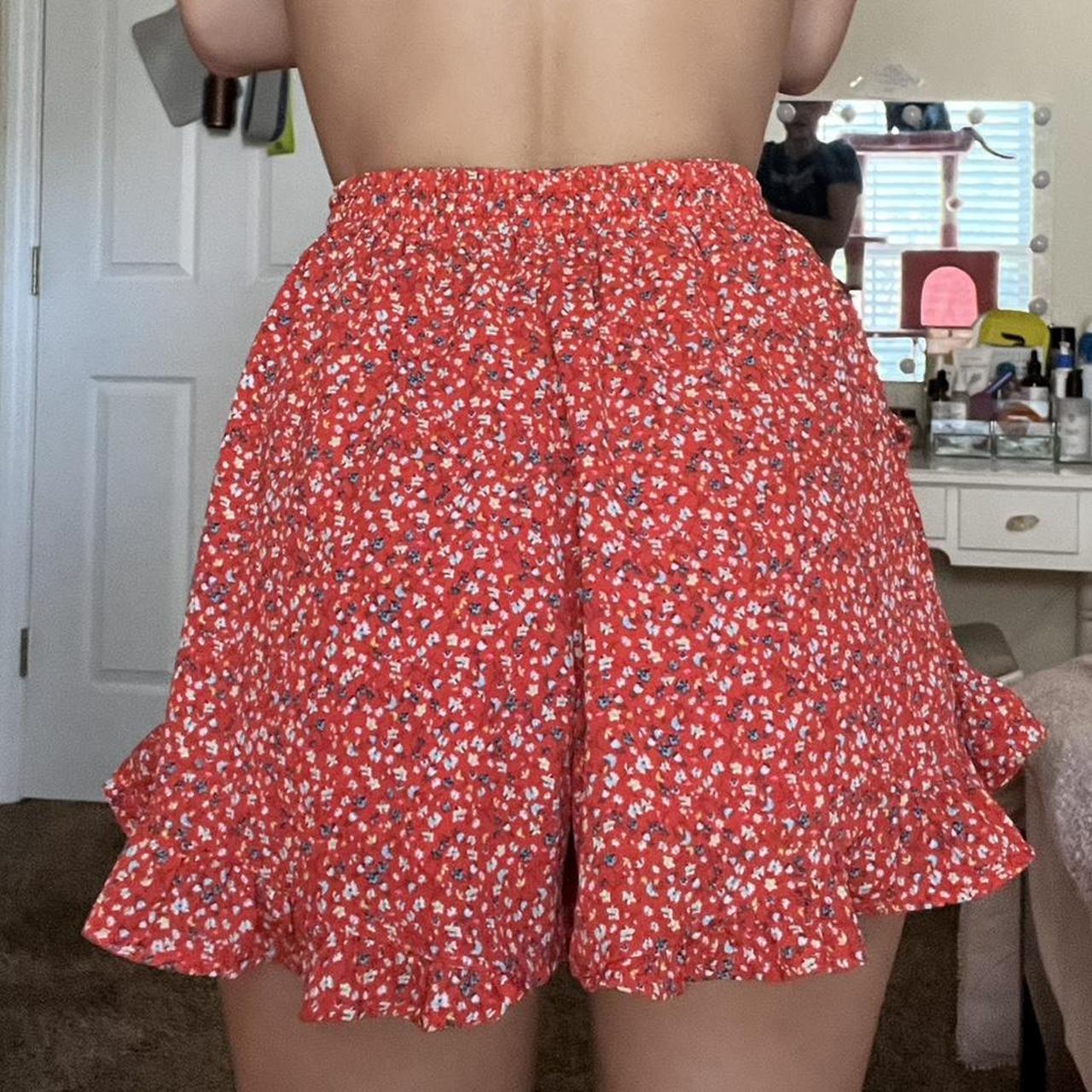 Cute red with flowers flow shorts with pockets... - Depop