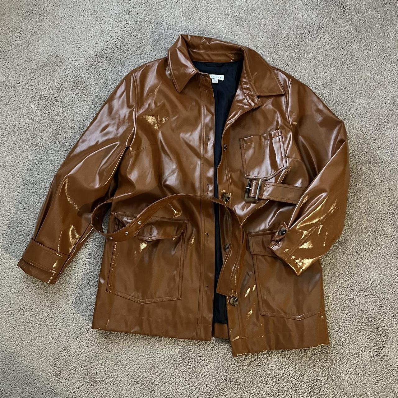 TOPSHOP caramel brown patent leather jacket with... - Depop