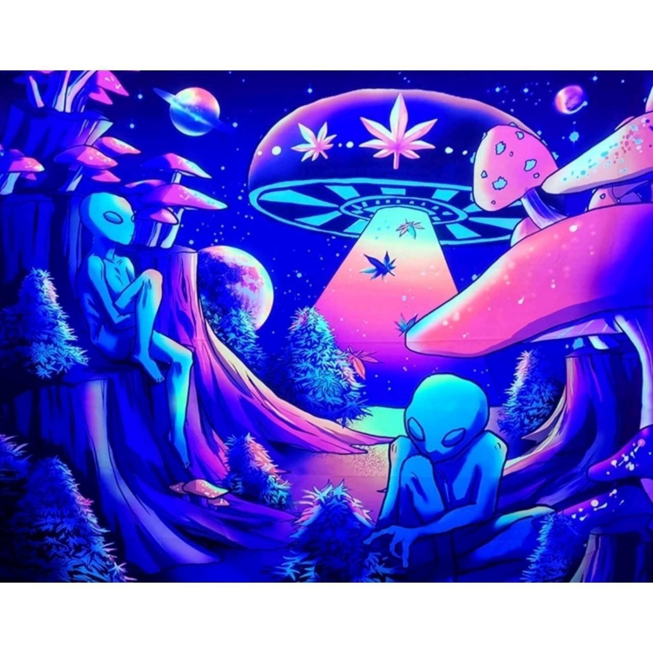 420 Aliens & UFO Tapestry Alien Weed Harvest Wall... | Depop