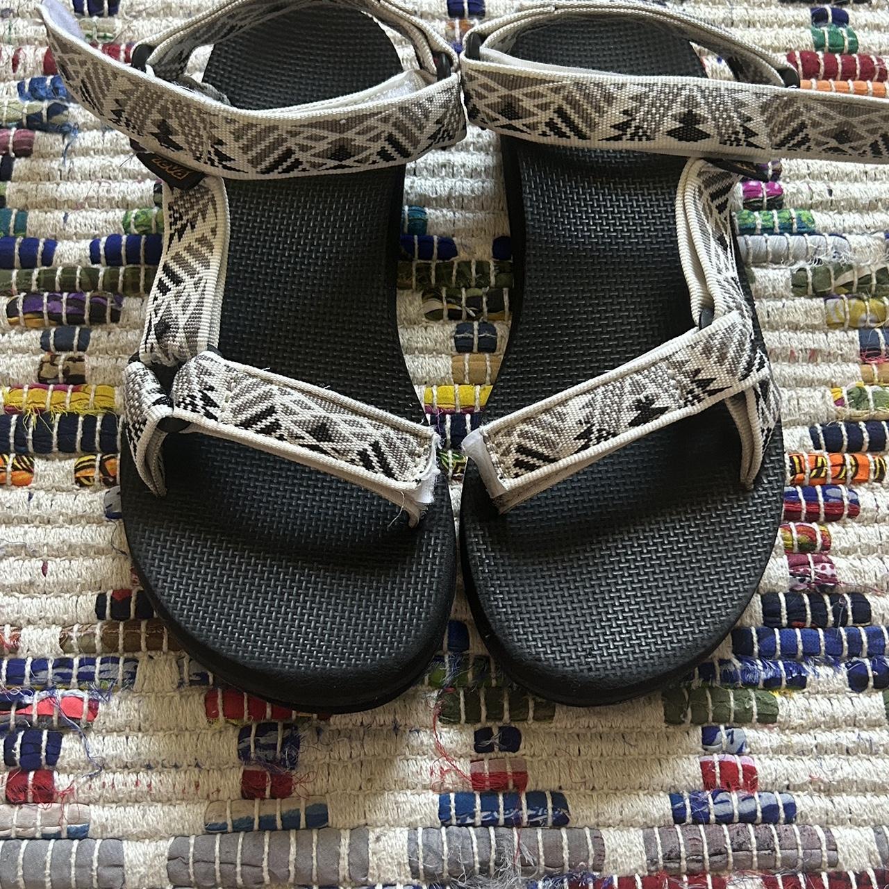 White & Grey Aztec patterned Tevas - Depop