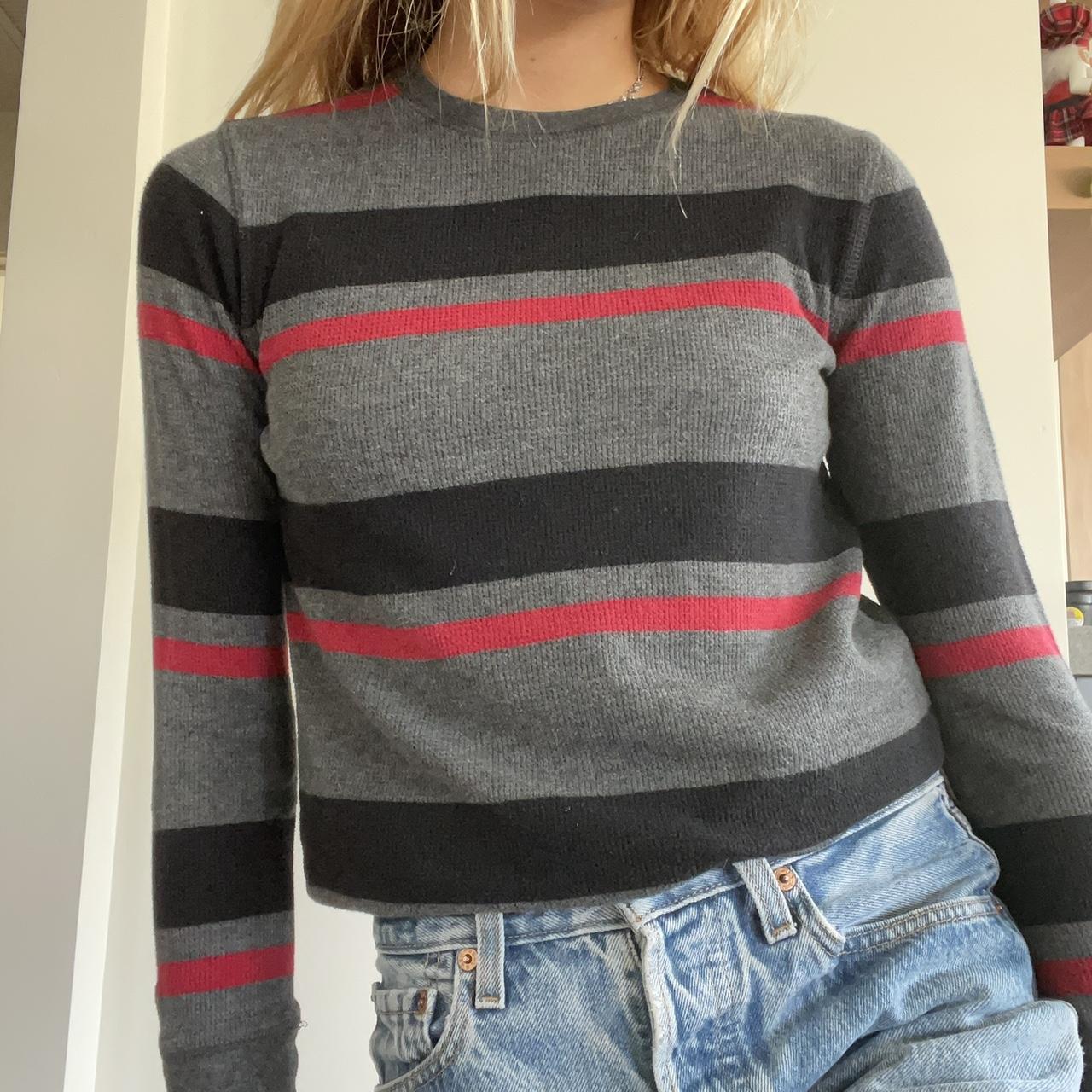 Grey red and black striped long sleeved t shirt.... - Depop