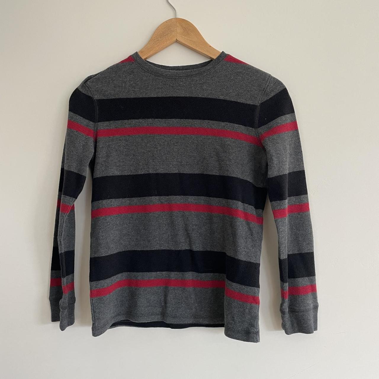 Grey red and black striped long sleeved t shirt.... - Depop