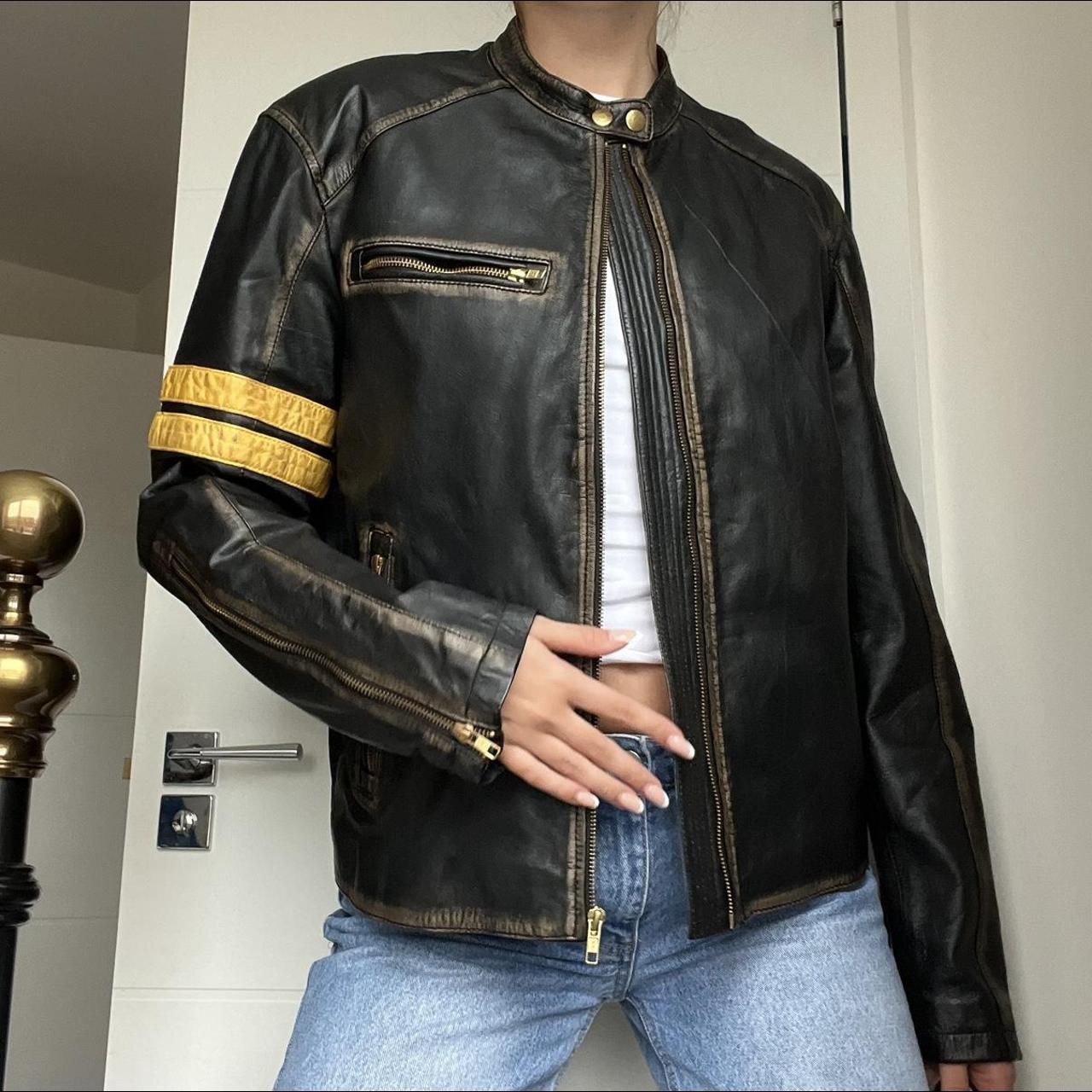 The most insane real leather distressed racer jacket... - Depop