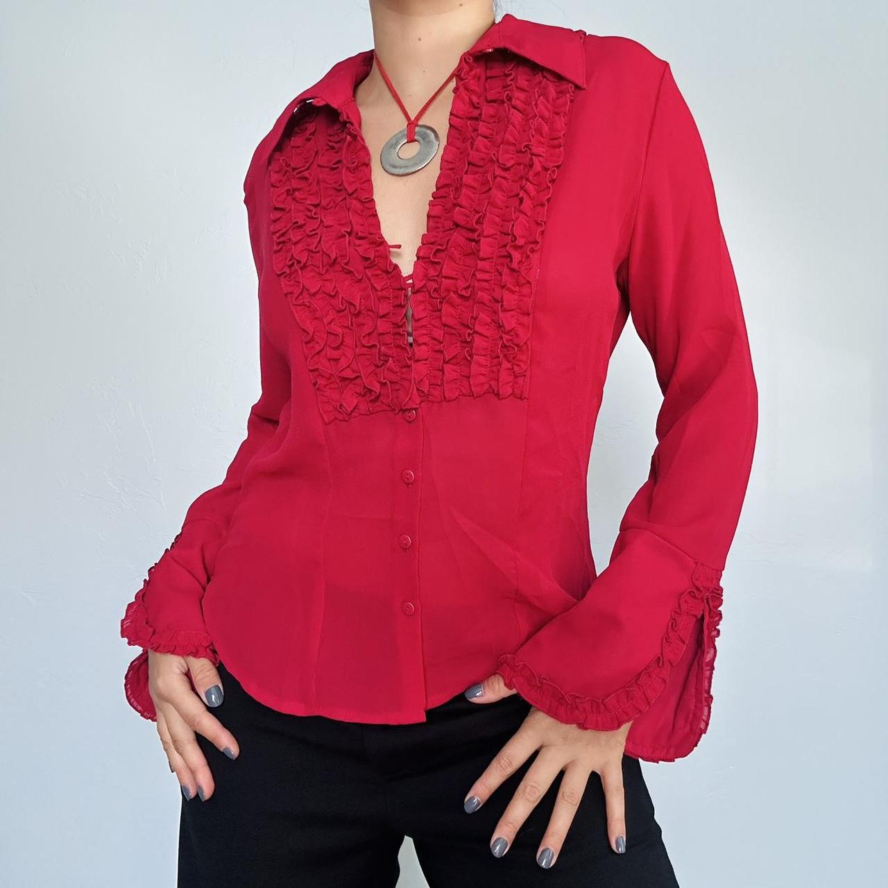 sheer red ruffle collar button up blouse by the... - Depop