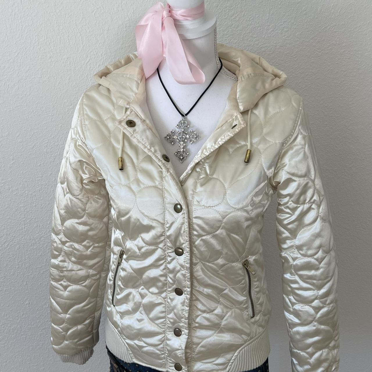 early 2000s gold quilted puffer jacket with knitted... - Depop