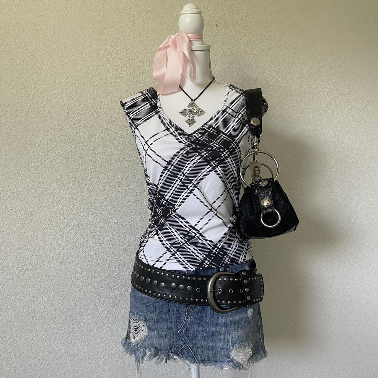 early 2000s grunge plaid printed top with cap... | Depop