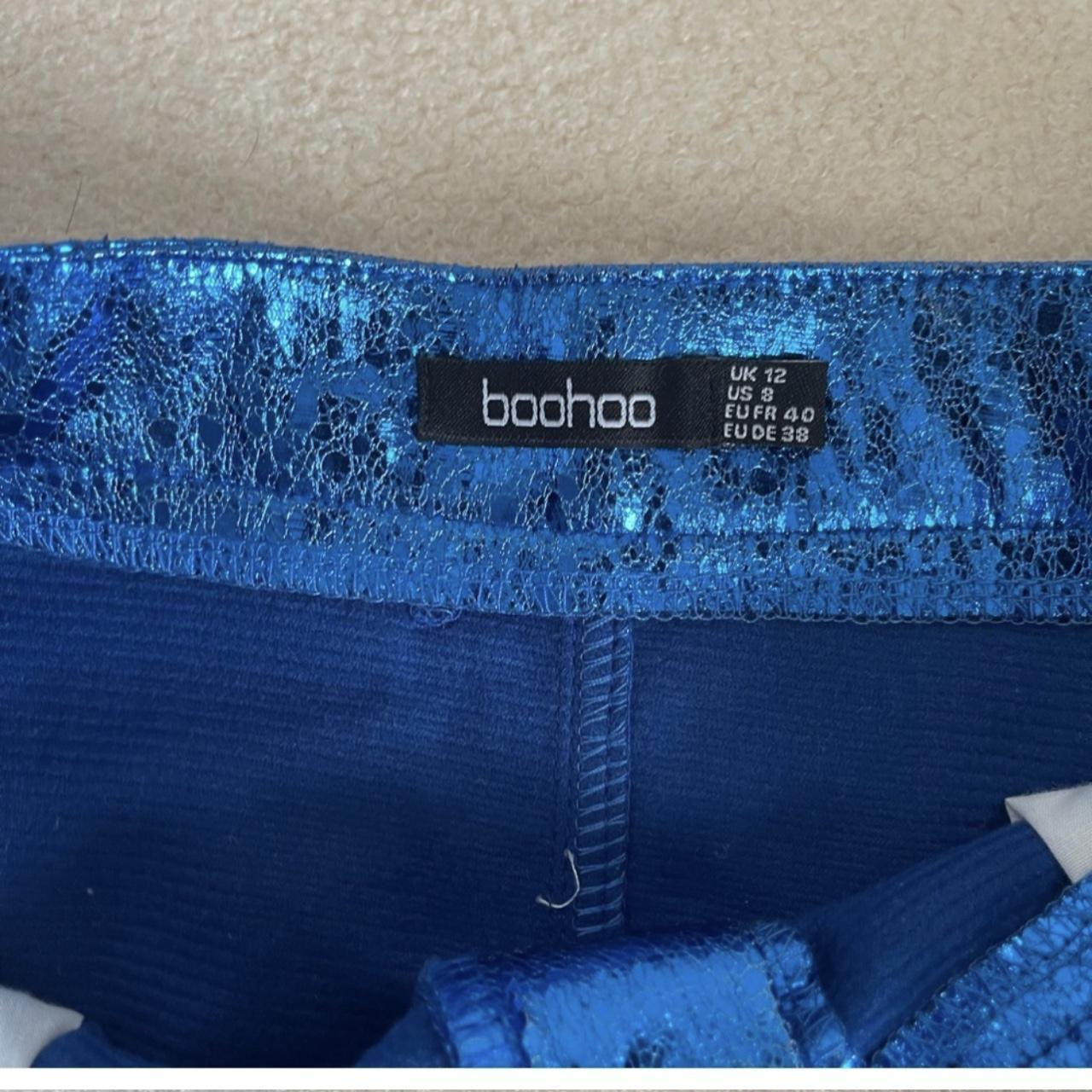 Boohoo blue metallic mini skirt size 8 - Depop