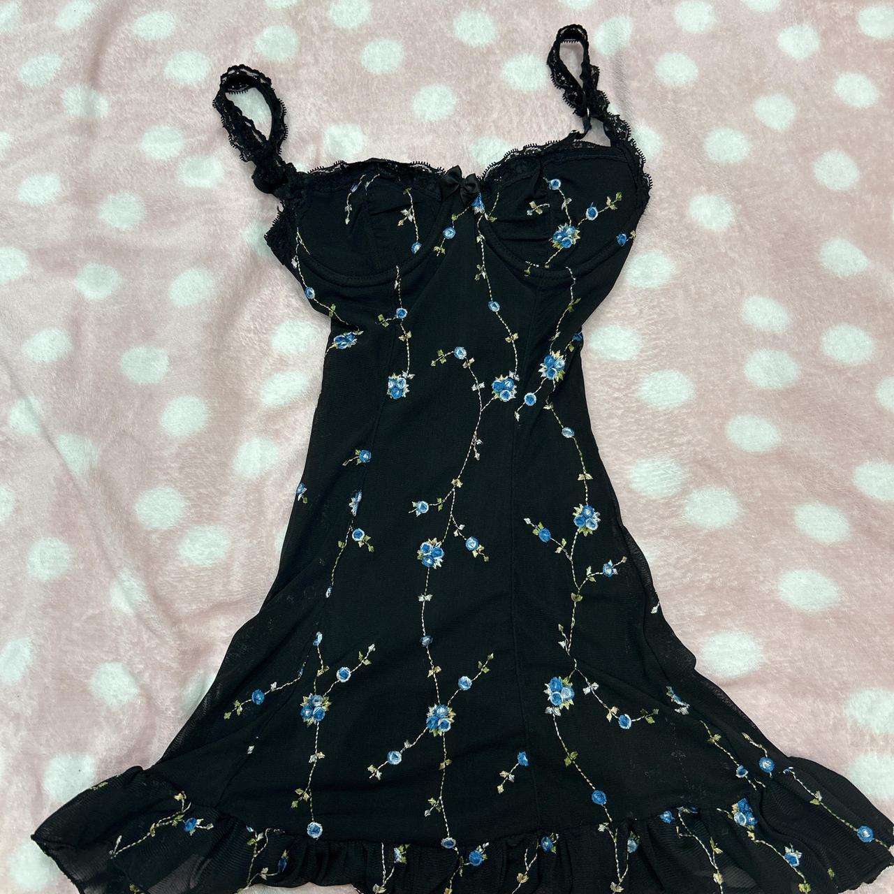 Dollskill black mini dress with blue embroidered... - Depop