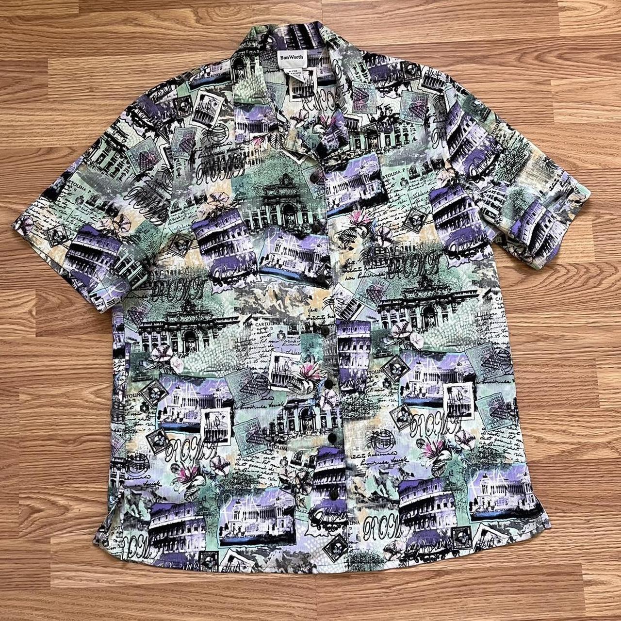 Vintage Funky Print Button Up Short Sleeve Shirt... - Depop